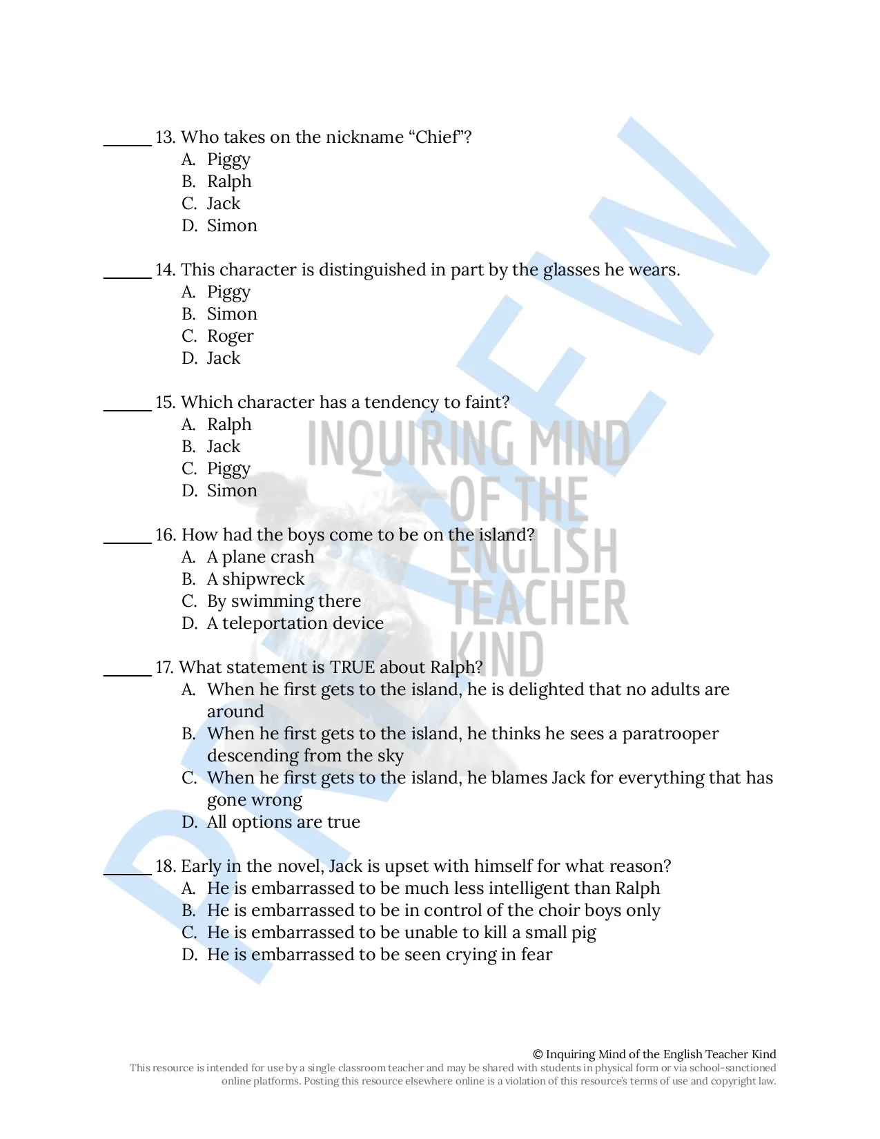 Lord of the Flies Quiz, Close Reading, Vocabulary Game, Test, and ...