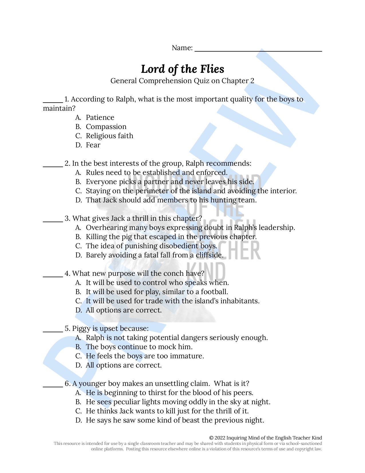 Lord of the Flies Quiz, Close Reading, Vocabulary Game, Test, and ...