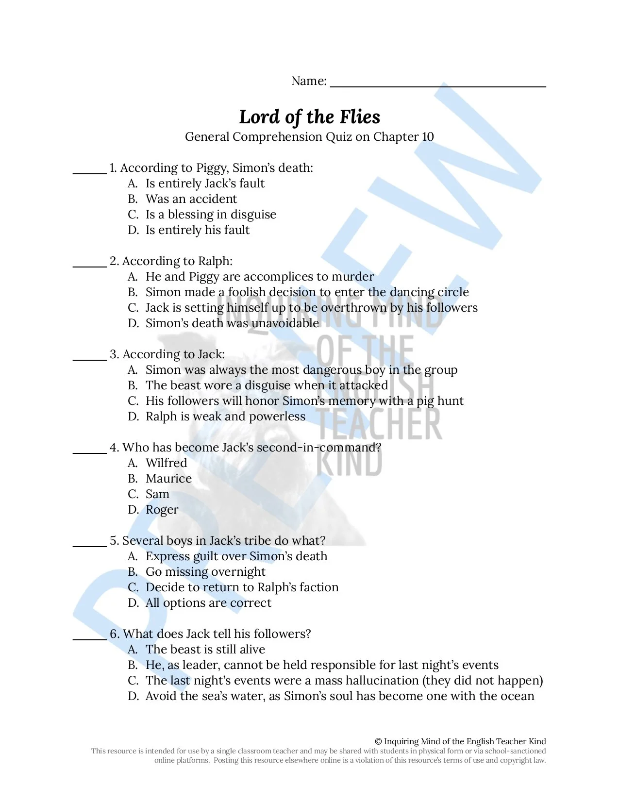 Lord of the Flies Quiz, Close Reading, Vocabulary Game, Test, and ...