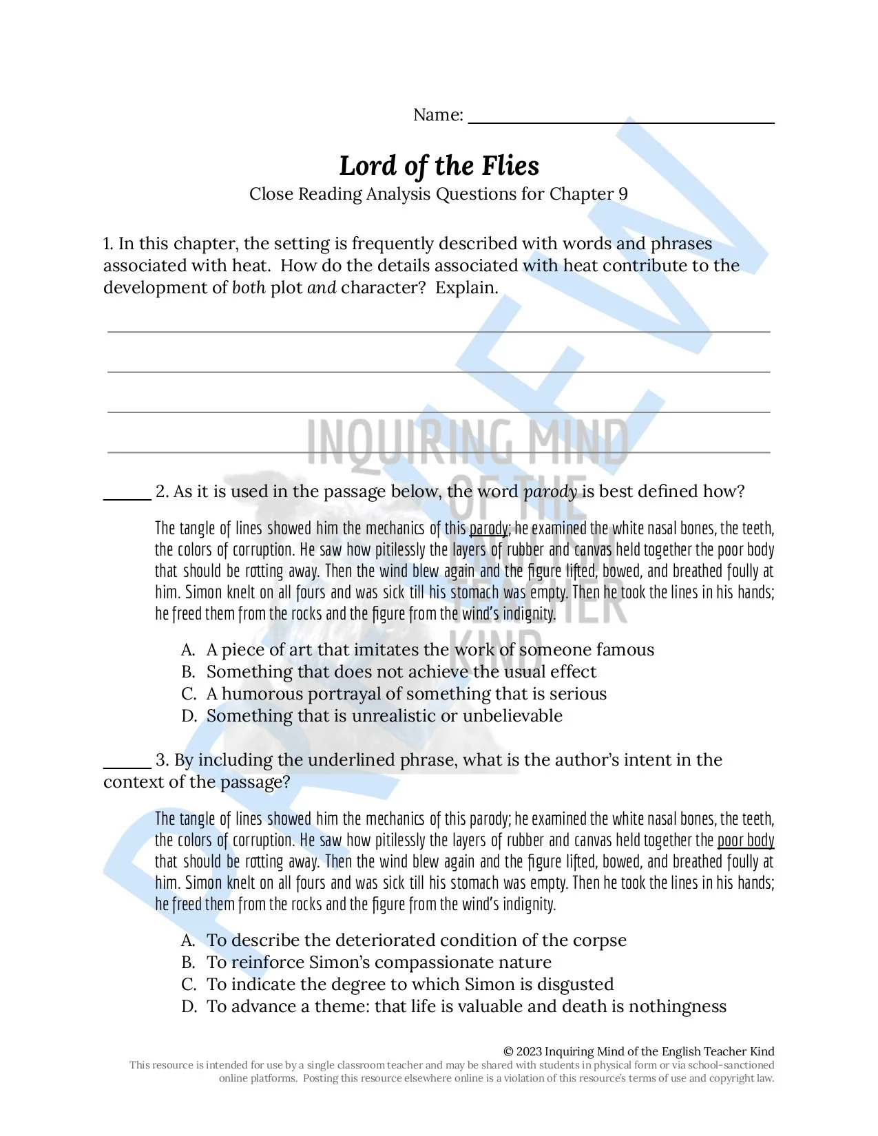 Lord of the Flies Quiz, Close Reading, Vocabulary Game, Test, and ...