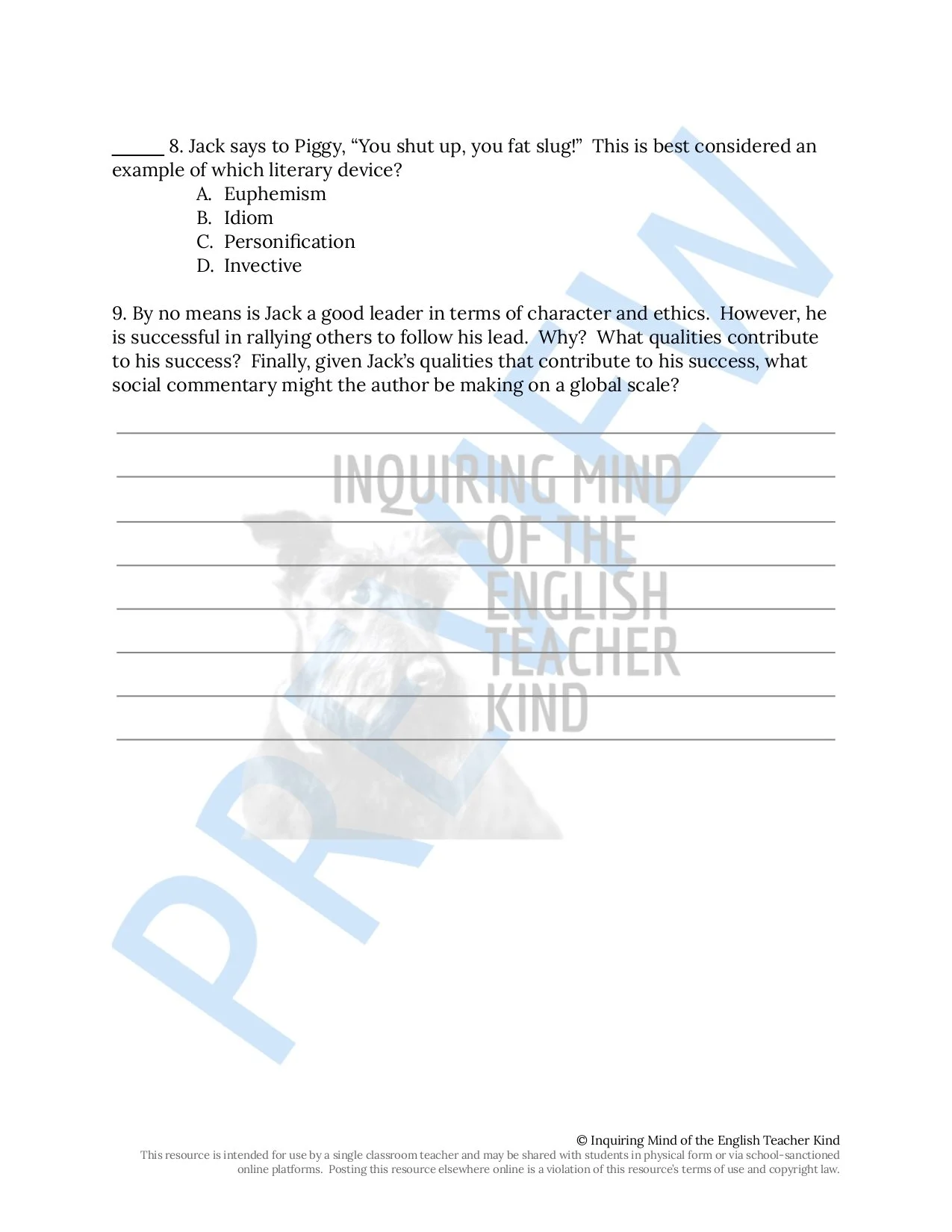 Lord of the Flies Quiz, Close Reading, and Test Bundle for High School ...