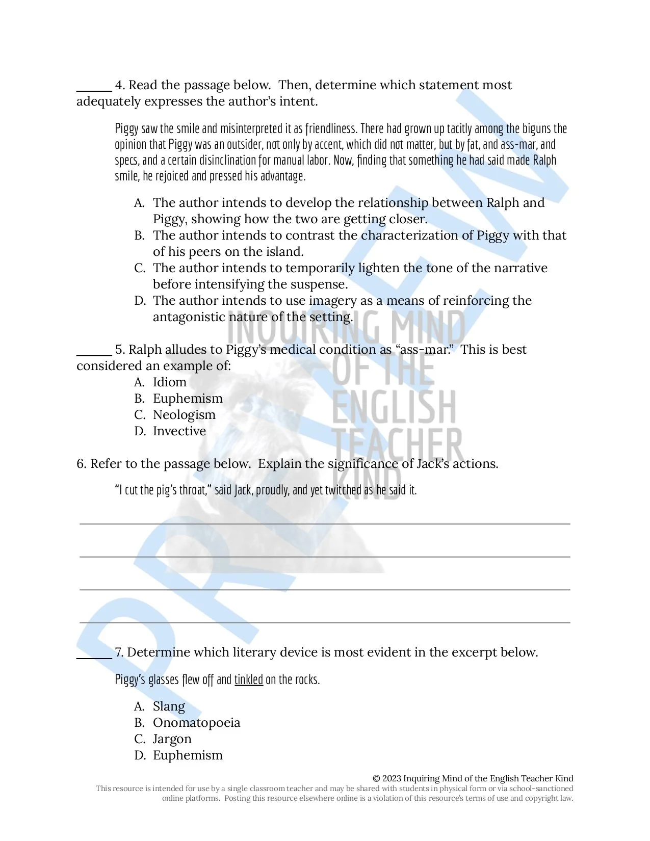 Lord of the Flies Quiz, Close Reading, and Test Bundle for High School ...