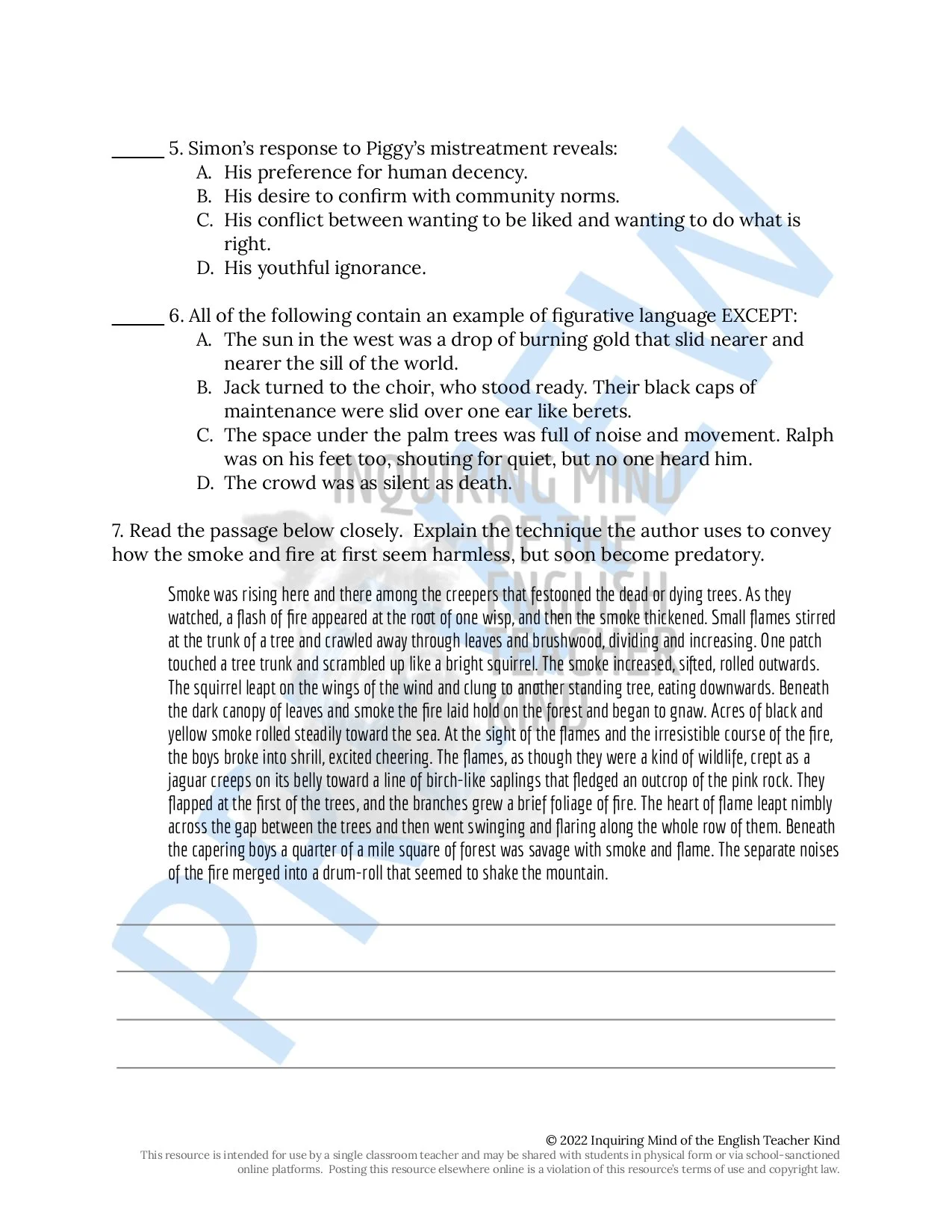 Lord of the Flies Quiz, Close Reading, and Test Bundle for High School ...