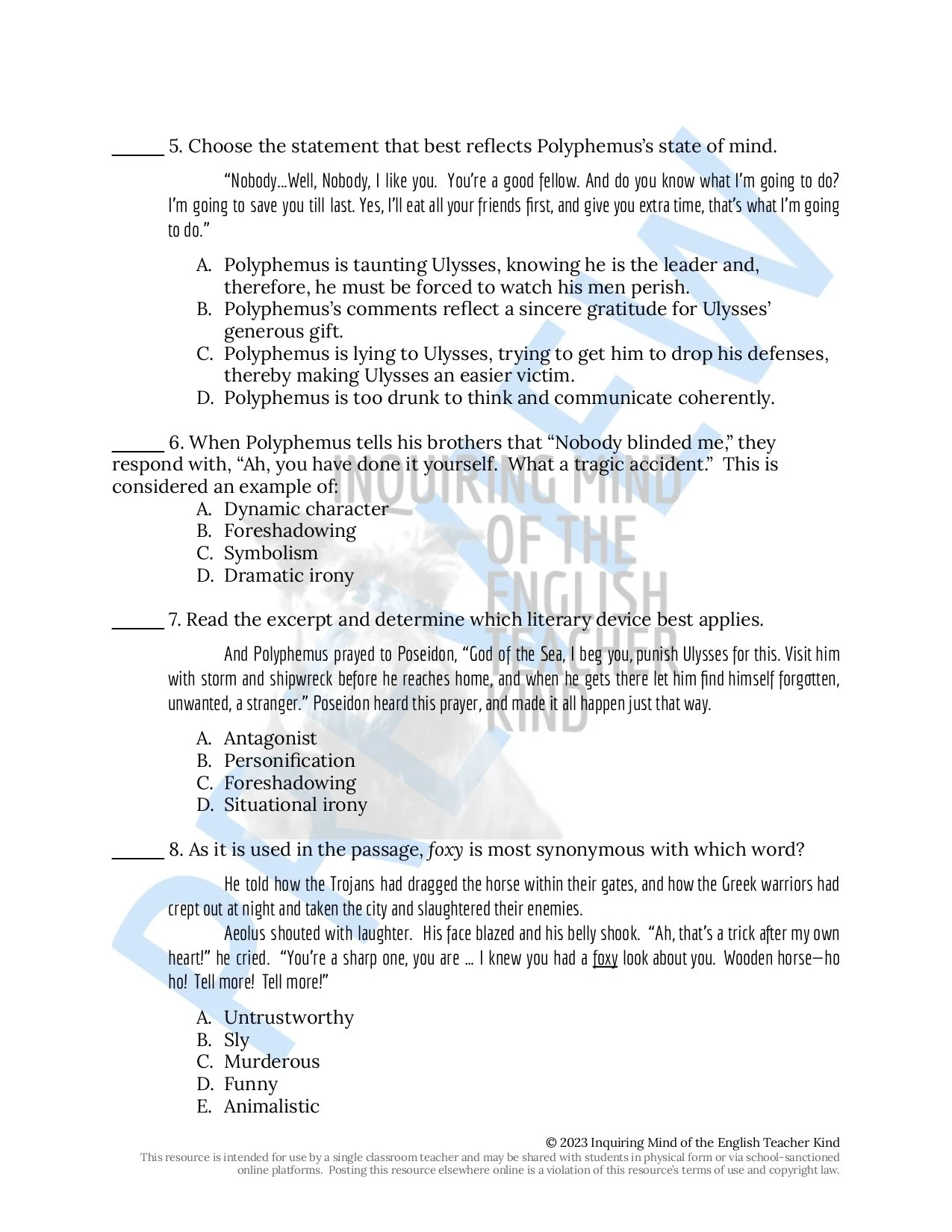 The Adventures of Ulysses Quiz and Close Reading Bundle (Chapters 4-6 ...