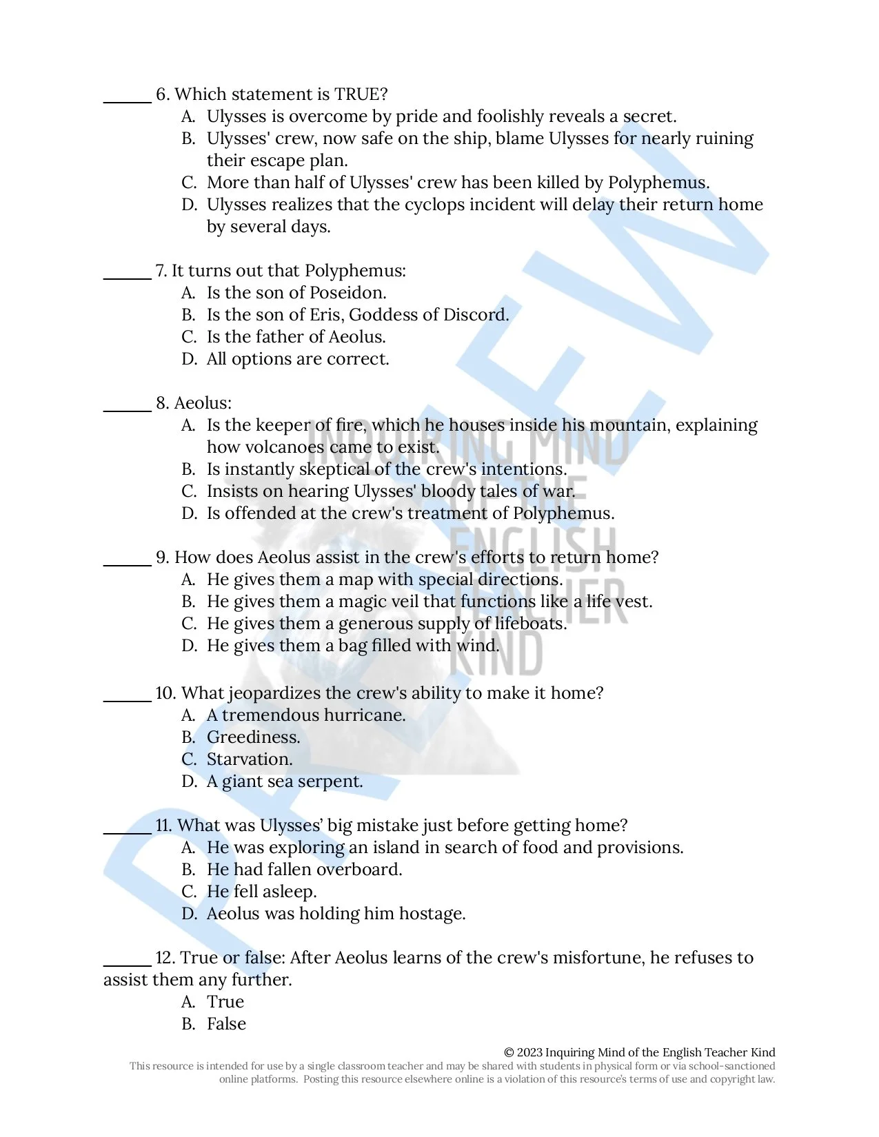 The Adventures of Ulysses Quiz and Close Reading Bundle (Chapters 4-6 ...