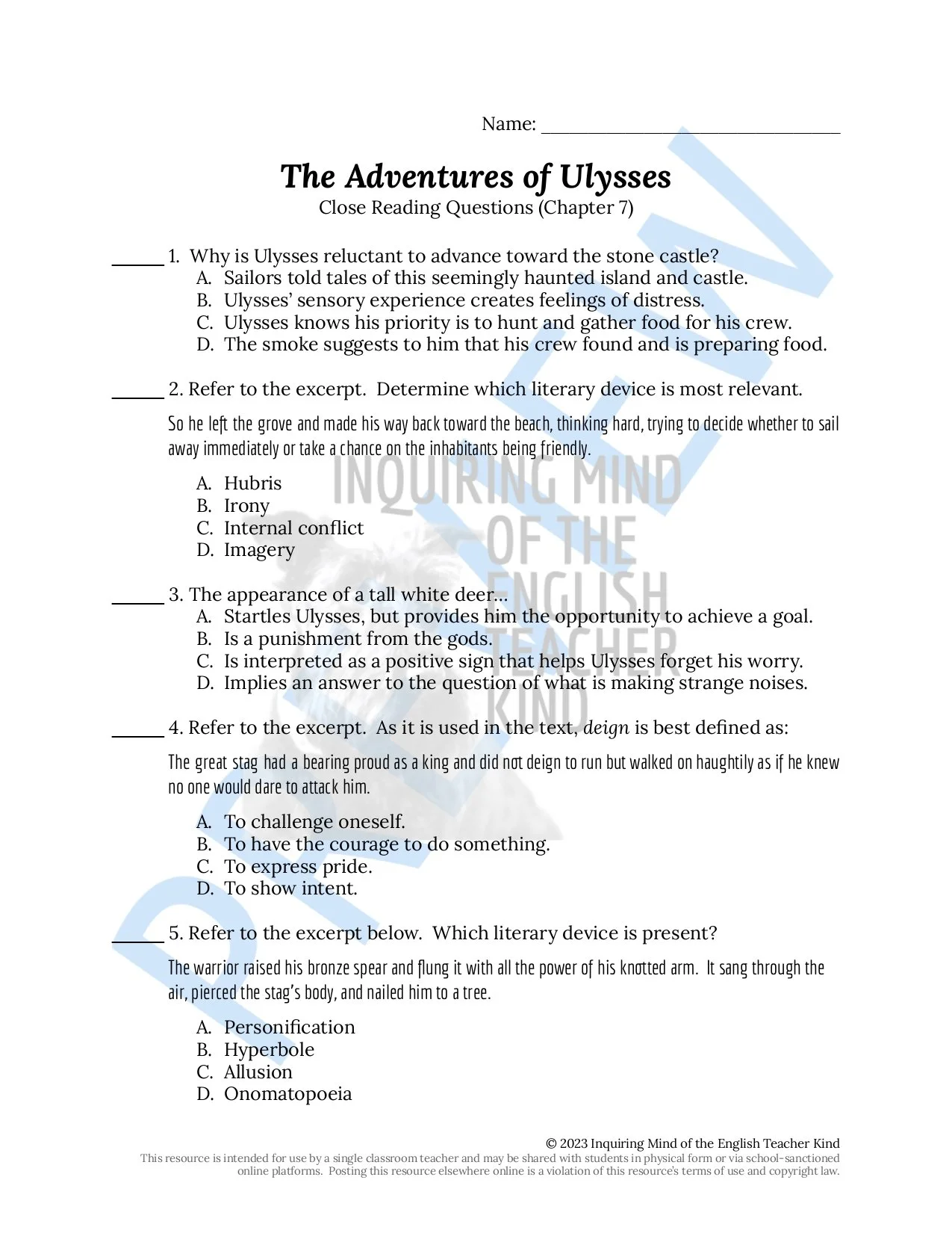 The Adventures of Ulysses Quiz and Close Reading Worksheet Bundle ...