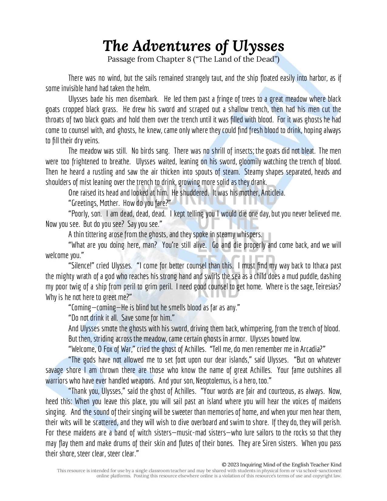 The Adventures of Ulysses Quiz and Close Reading Worksheet Bundle ...