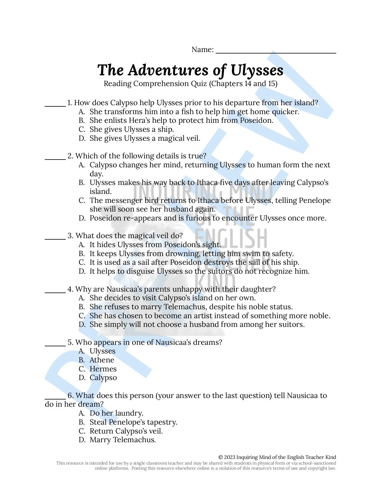 Adventures of Ulysses Chapters 14-15 Quiz, Close Reading Activity, and ...