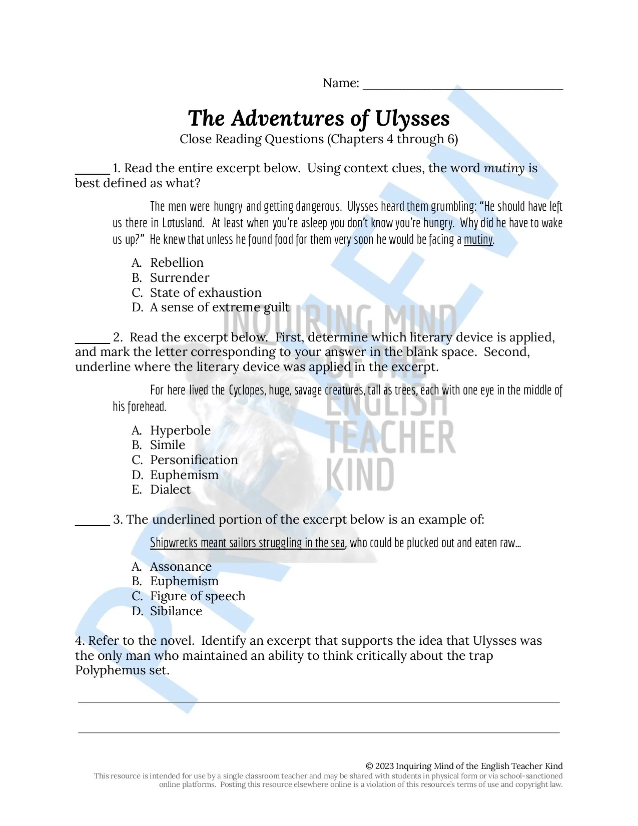 The Adventures of Ulysses by Bernard Evslin Close Reading Analysis ...
