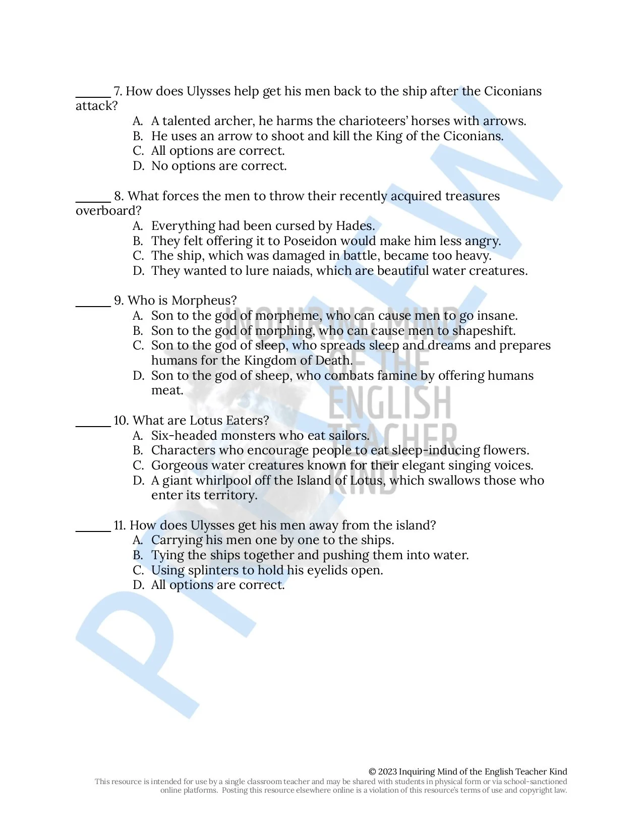 The Adventures of Ulysses by Bernard Evslin Quiz and Answer Key Bundle ...