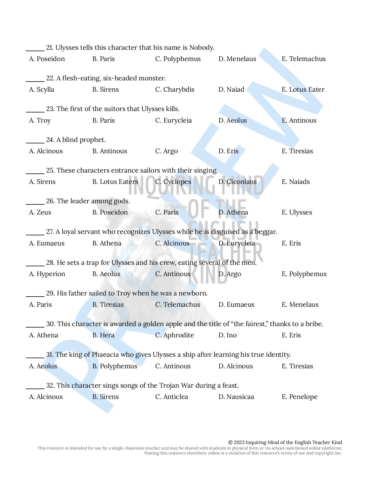 The Adventures of Ulysses by Bernard Evslin Test and Answer Key ...