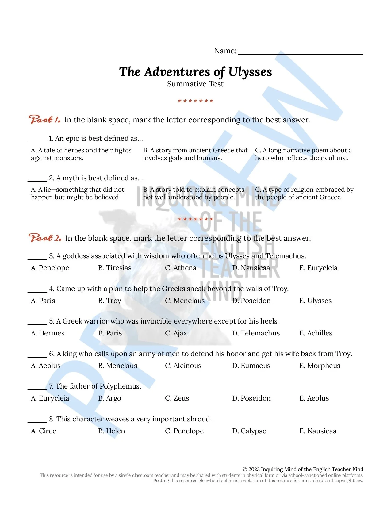 The Adventures of Ulysses by Bernard Evslin Test and Answer Key ...