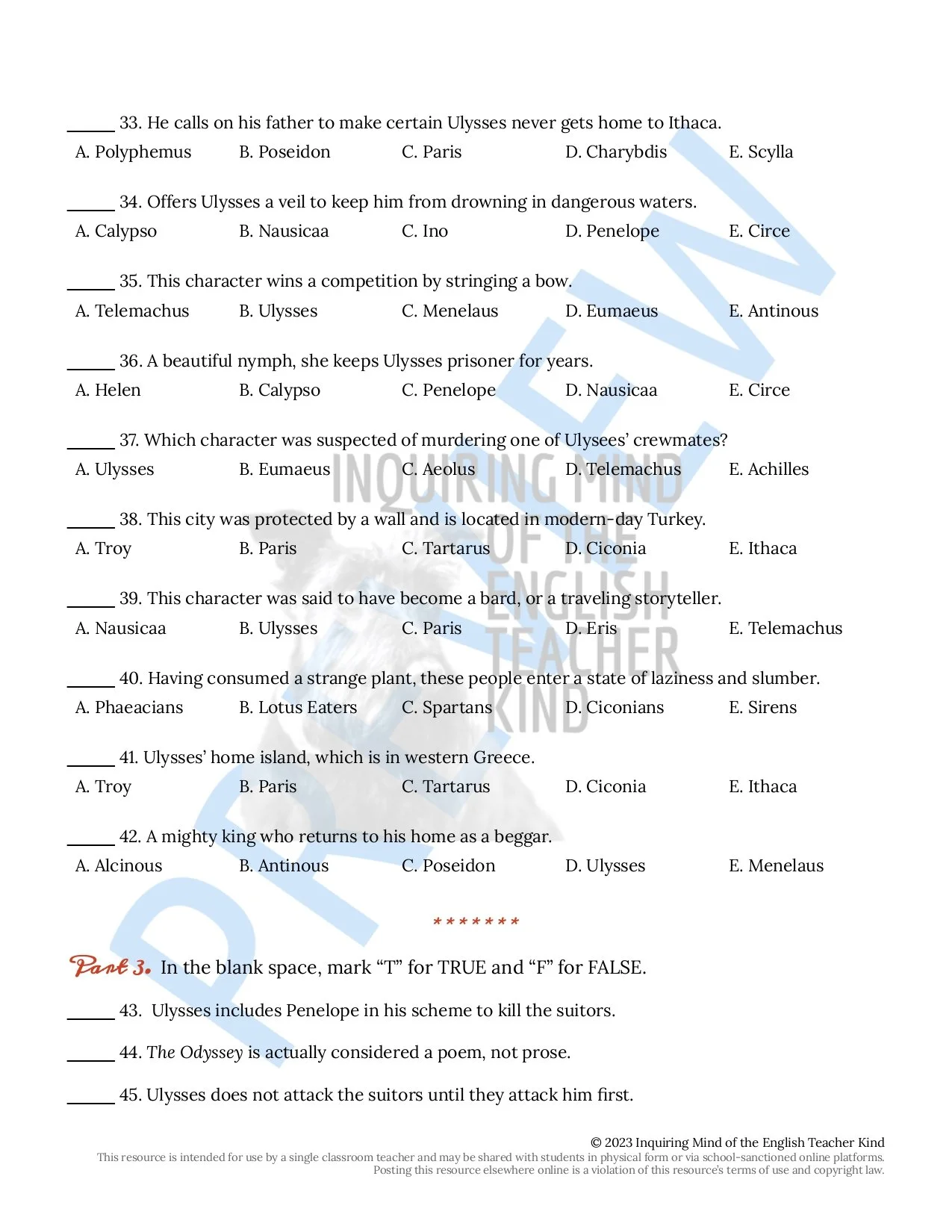 The Adventures of Ulysses by Bernard Evslin Test and Answer Key ...
