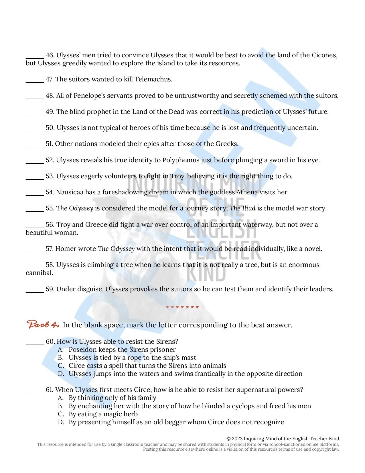 The Adventures of Ulysses by Bernard Evslin Test and Answer Key ...