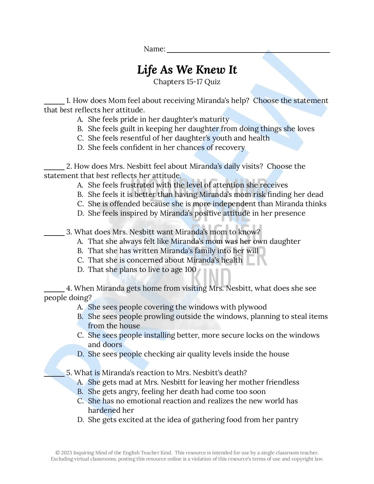 Life As We Knew It by Susan Beth Pfeffer Quiz and Answer Key Bundle ...