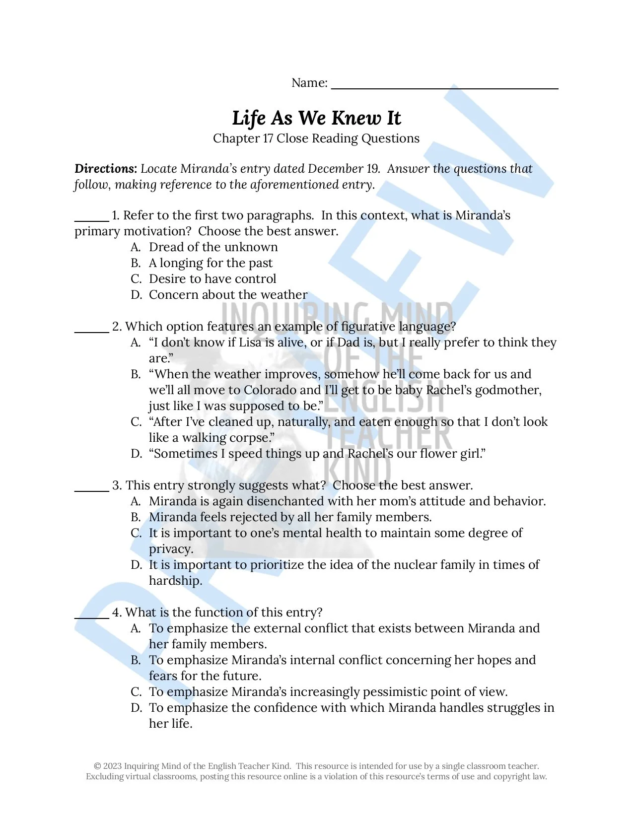 Life As We Knew It by Susan Beth Pfeffer Close Reading Worksheets ...