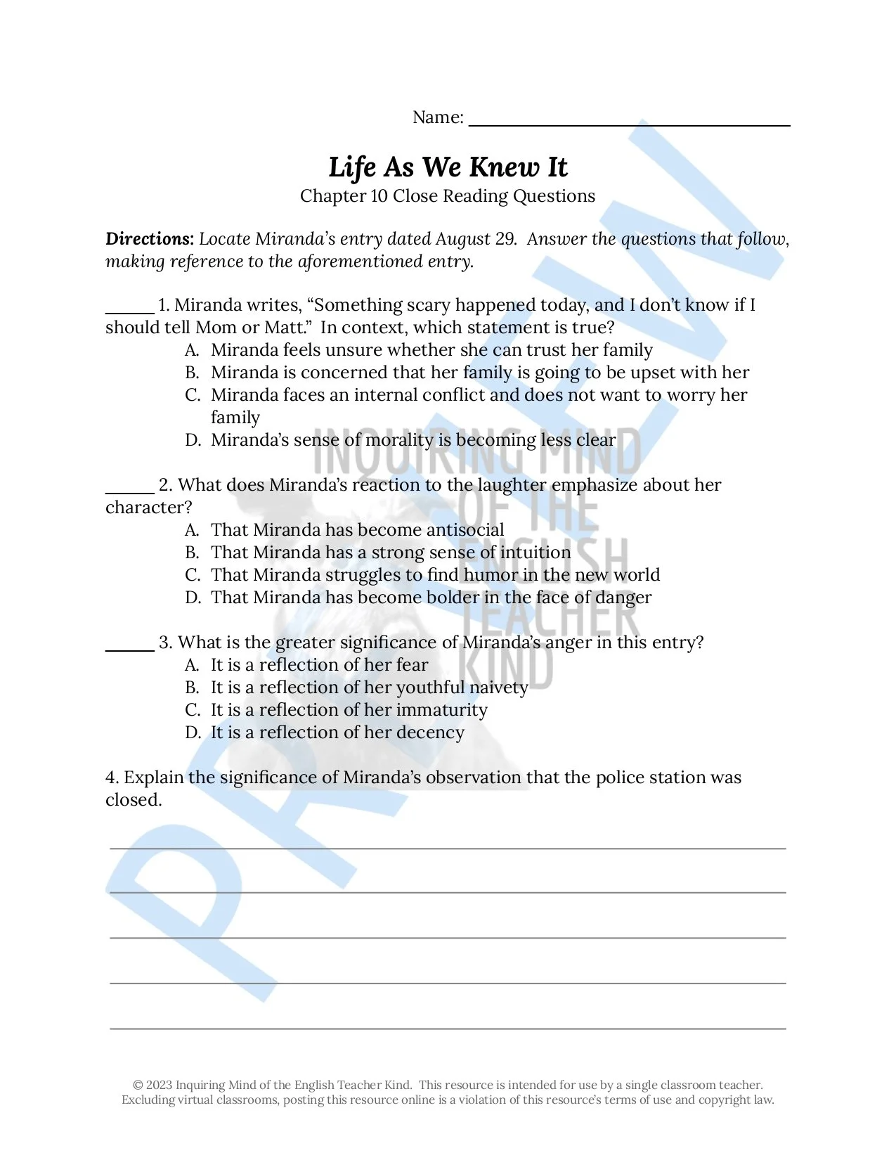 Life As We Knew It by Susan Beth Pfeffer Close Reading Worksheets ...