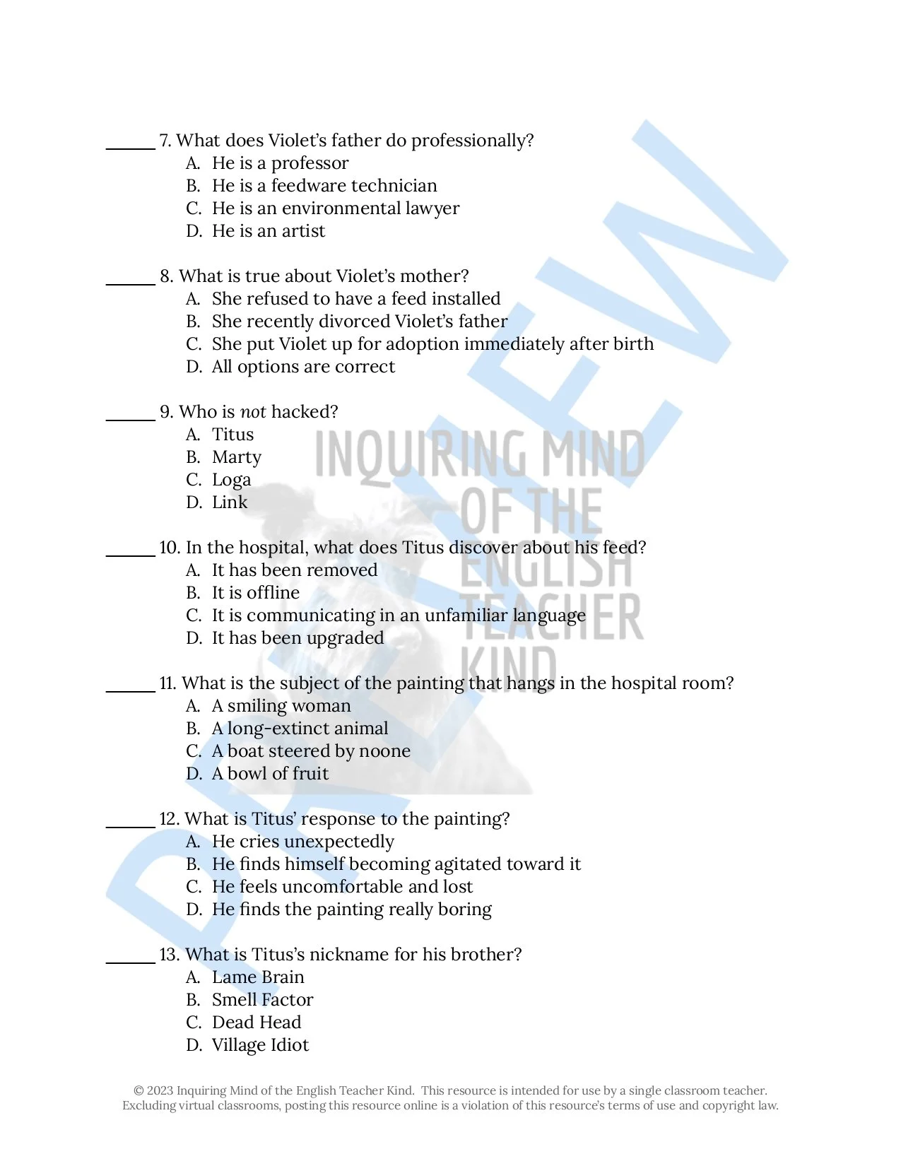 Feed by M.T. Anderson Novel Study Bundle (Activities, Assessments ...