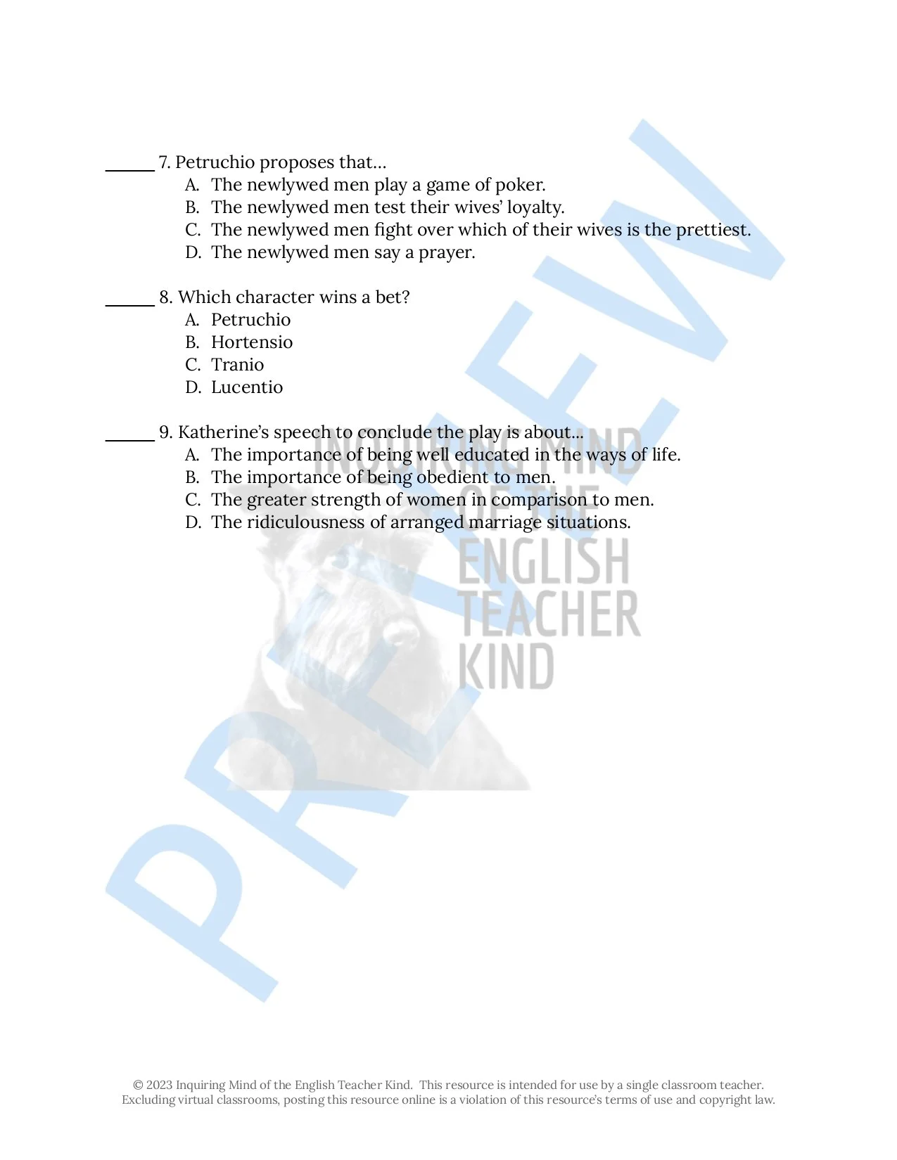 The Taming of the Shrew Quiz and Answer Key Bundle for High School ...