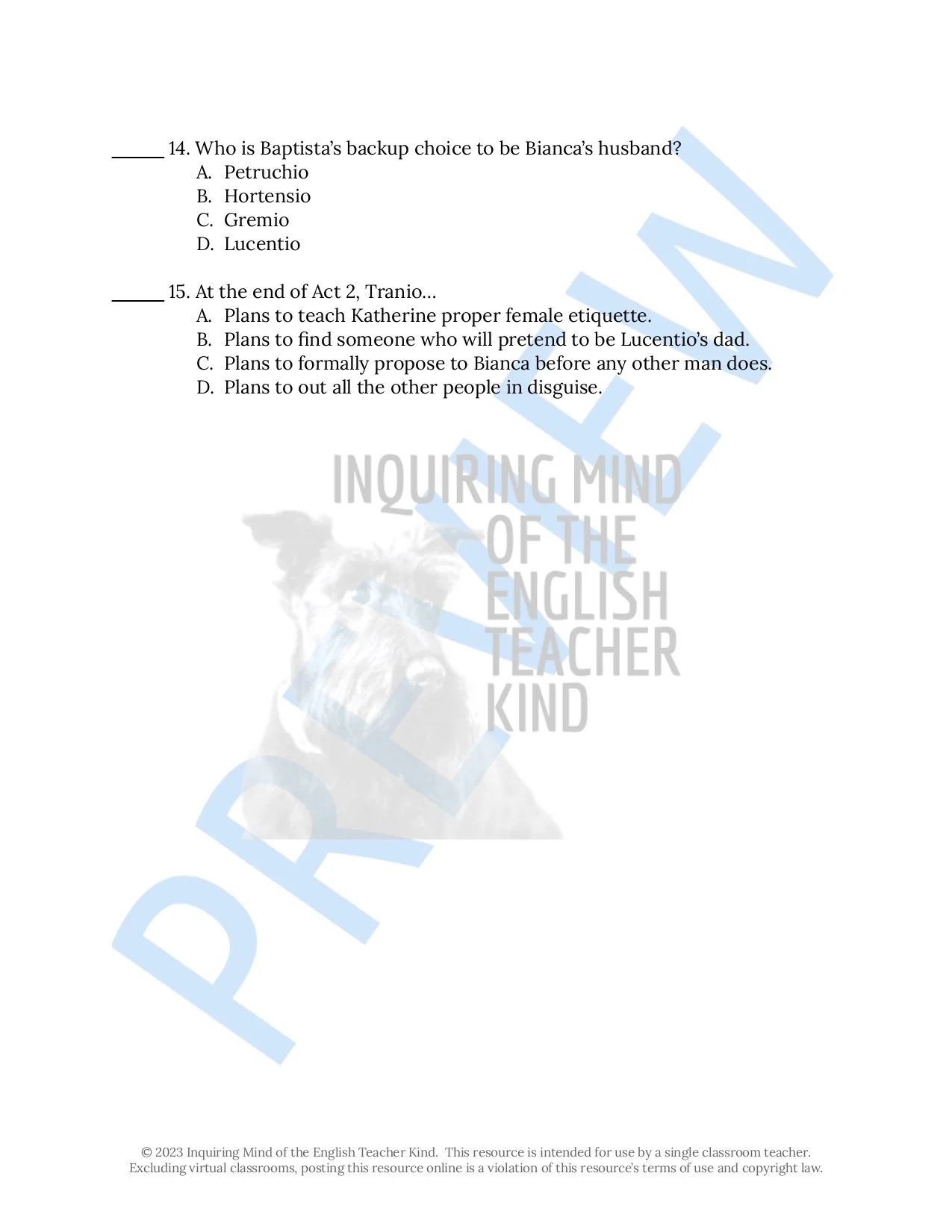 The Taming of the Shrew Quiz and Answer Key Bundle for High School ...