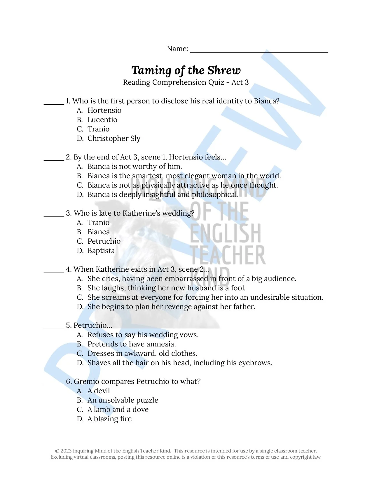 The Taming of the Shrew Quiz and Answer Key Bundle for High School ...