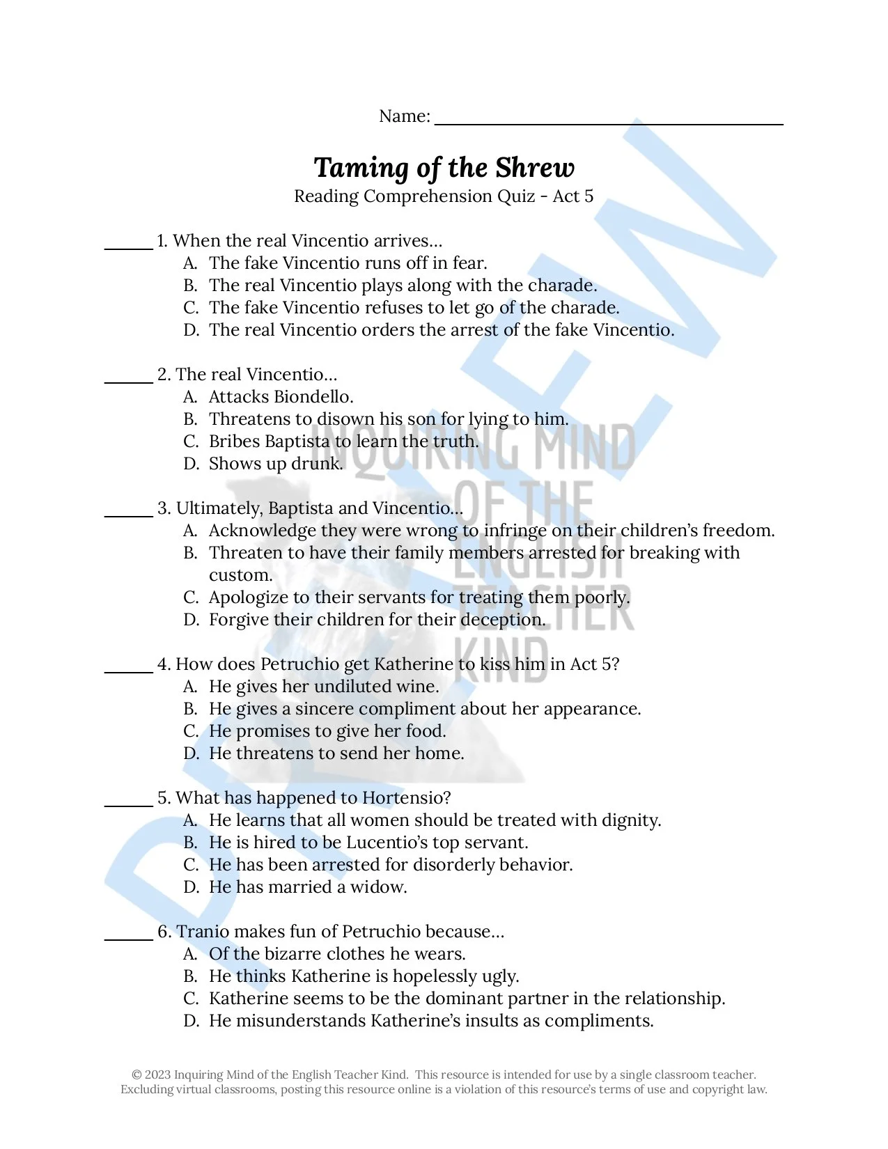 The Taming of the Shrew Quiz and Answer Key Bundle for High School ...