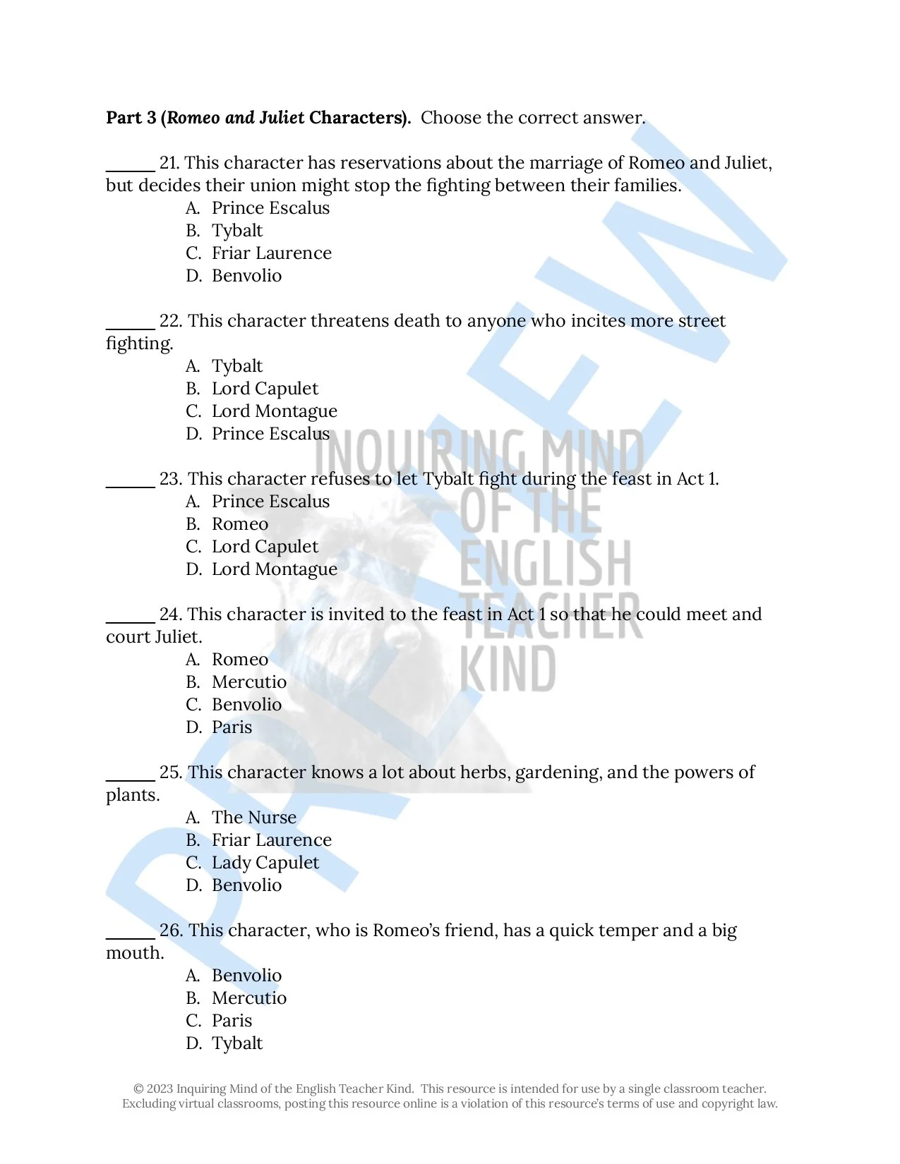 The Tragedy of Romeo and Juliet Test and Answer Key — Inquiring Mind of ...