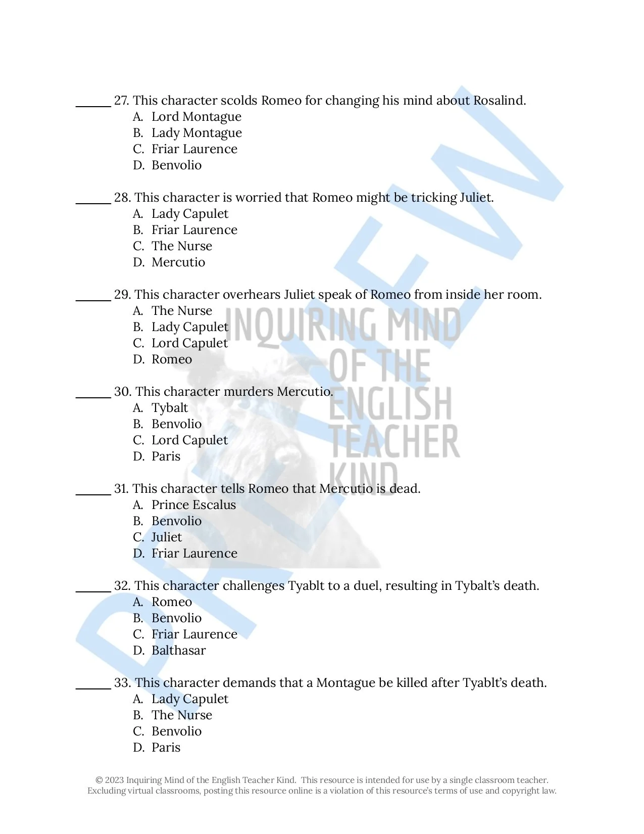 The Tragedy of Romeo and Juliet Test and Answer Key — Inquiring Mind of ...