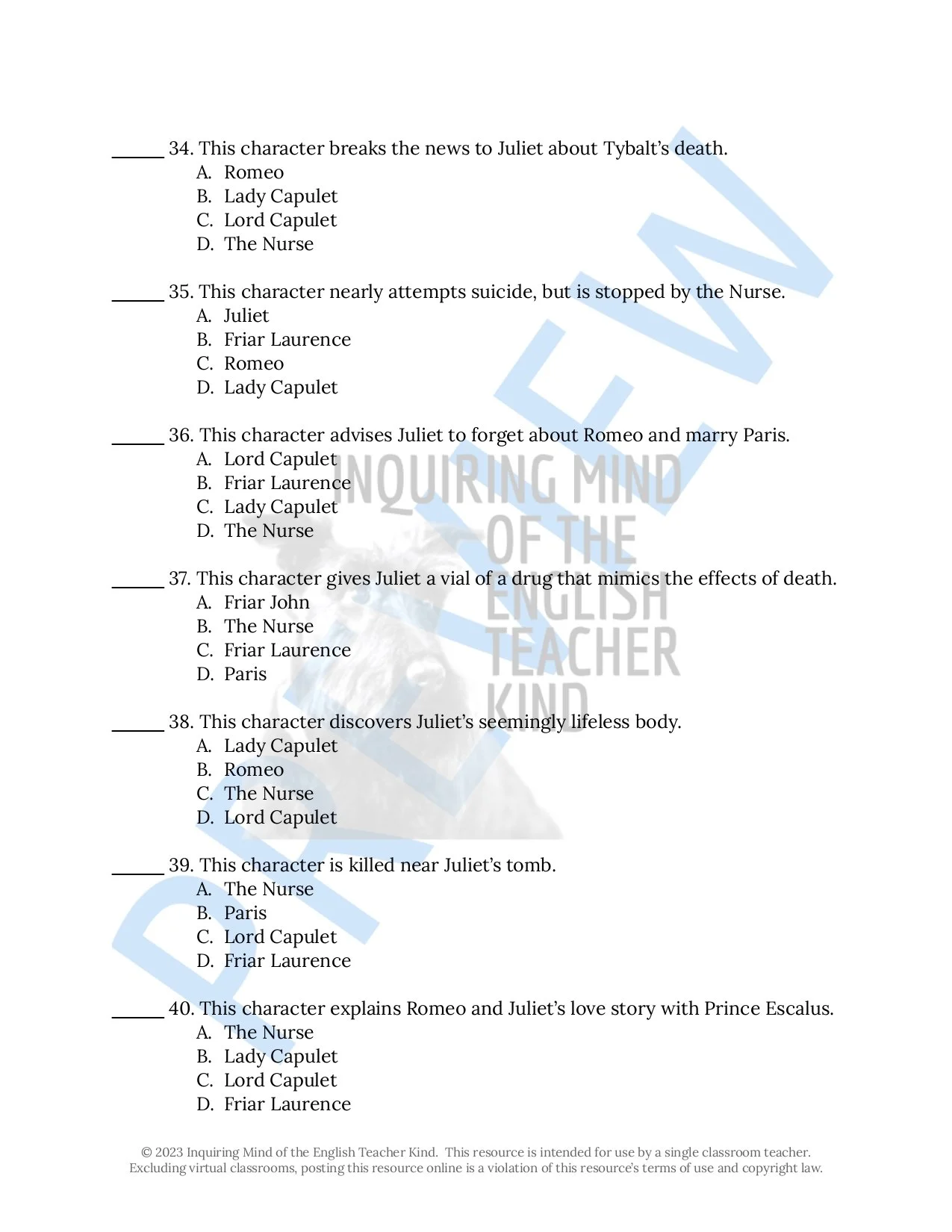 The Tragedy of Romeo and Juliet Test and Answer Key — Inquiring Mind of ...