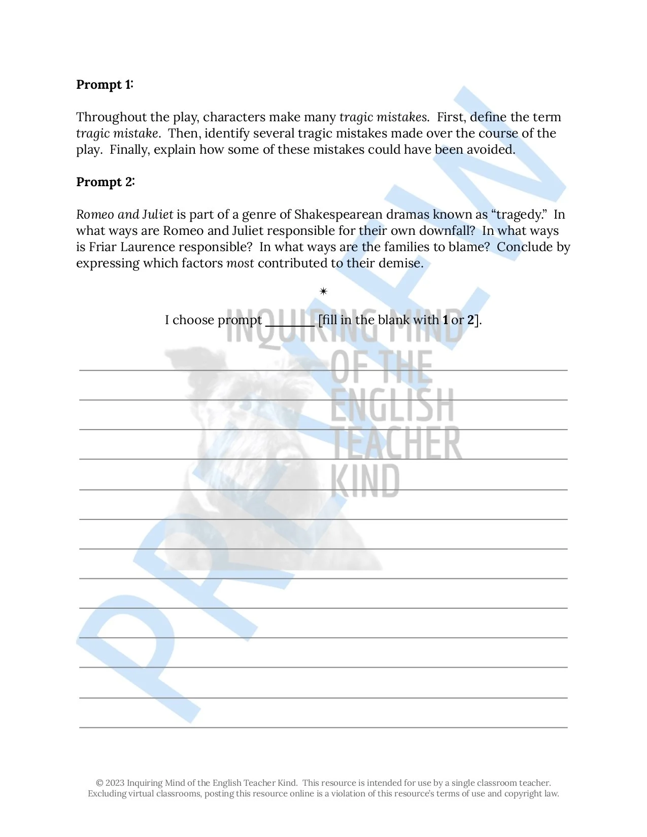 The Tragedy of Romeo and Juliet Test and Answer Key — Inquiring Mind of ...