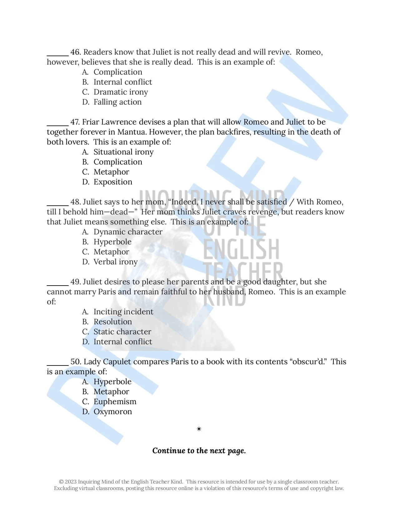 The Tragedy of Romeo and Juliet Test and Answer Key — Inquiring Mind of ...