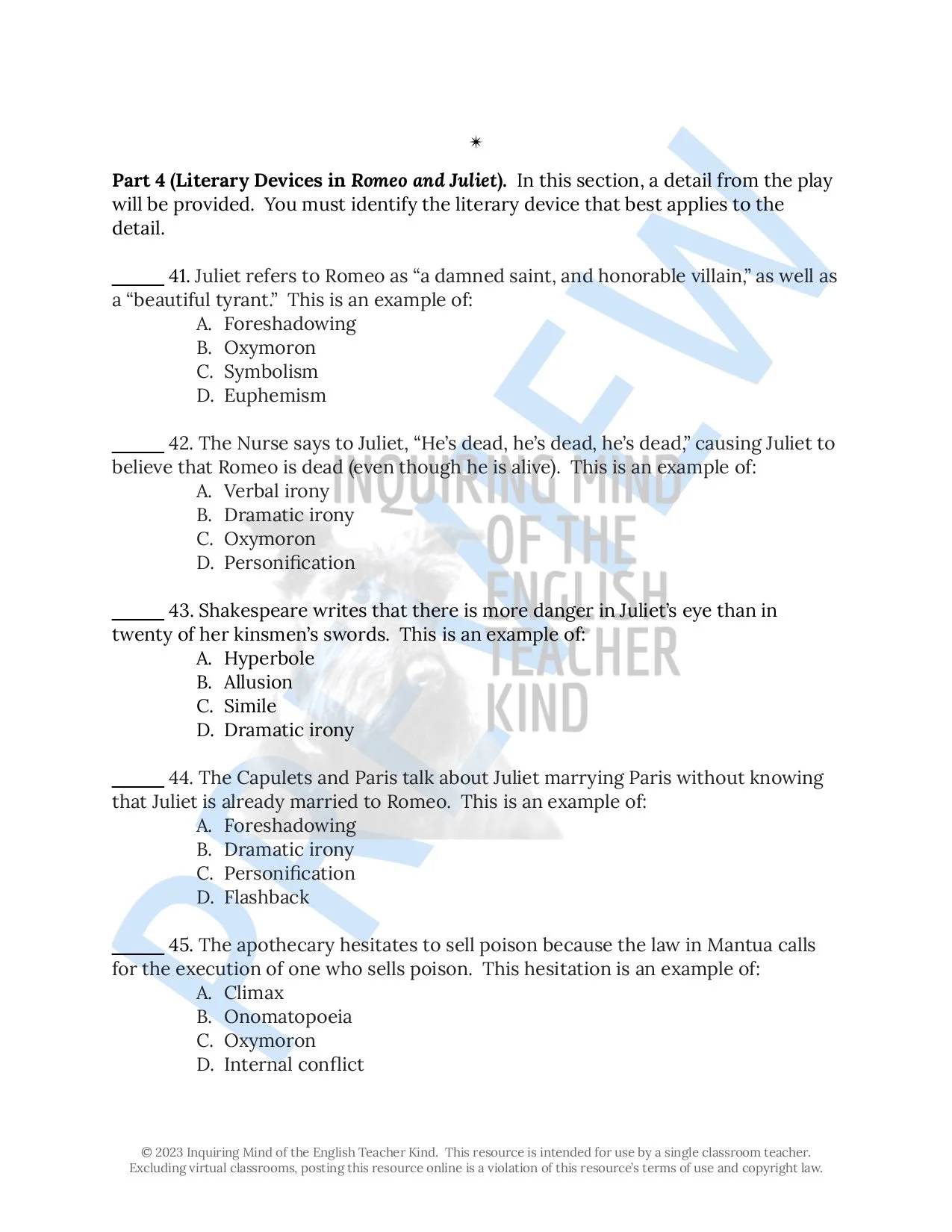 The Tragedy of Romeo and Juliet Test and Answer Key — Inquiring Mind of ...