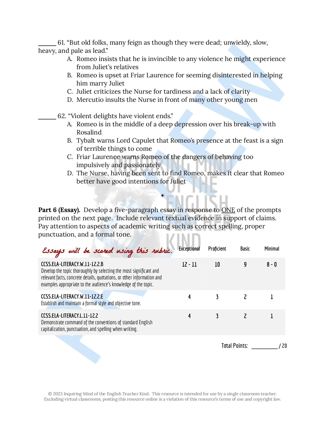 The Tragedy of Romeo and Juliet Test and Answer Key — Inquiring Mind of ...