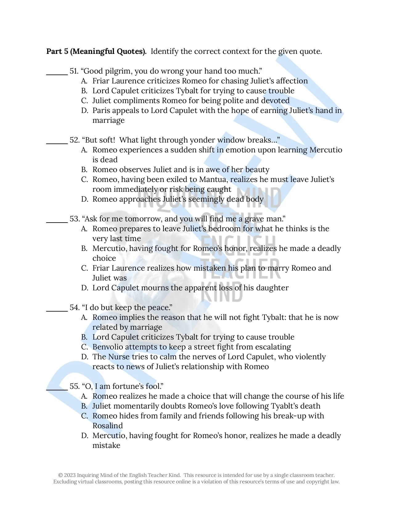 The Tragedy of Romeo and Juliet Test and Answer Key — Inquiring Mind of ...
