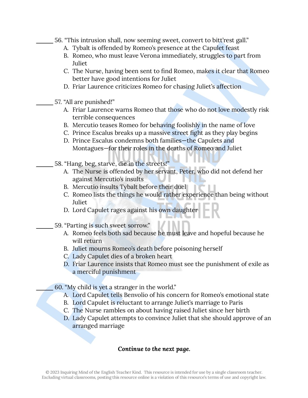 The Tragedy of Romeo and Juliet Test and Answer Key — Inquiring Mind of ...
