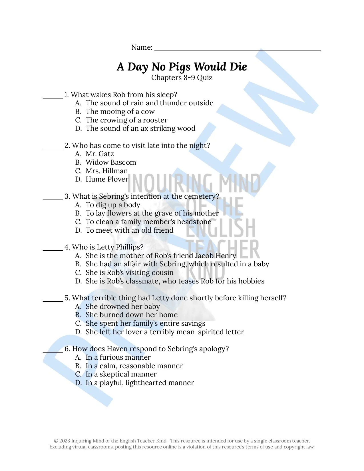 A Day No Pigs Would Die Chapters 8 and 9 Quiz and Answer Key ...