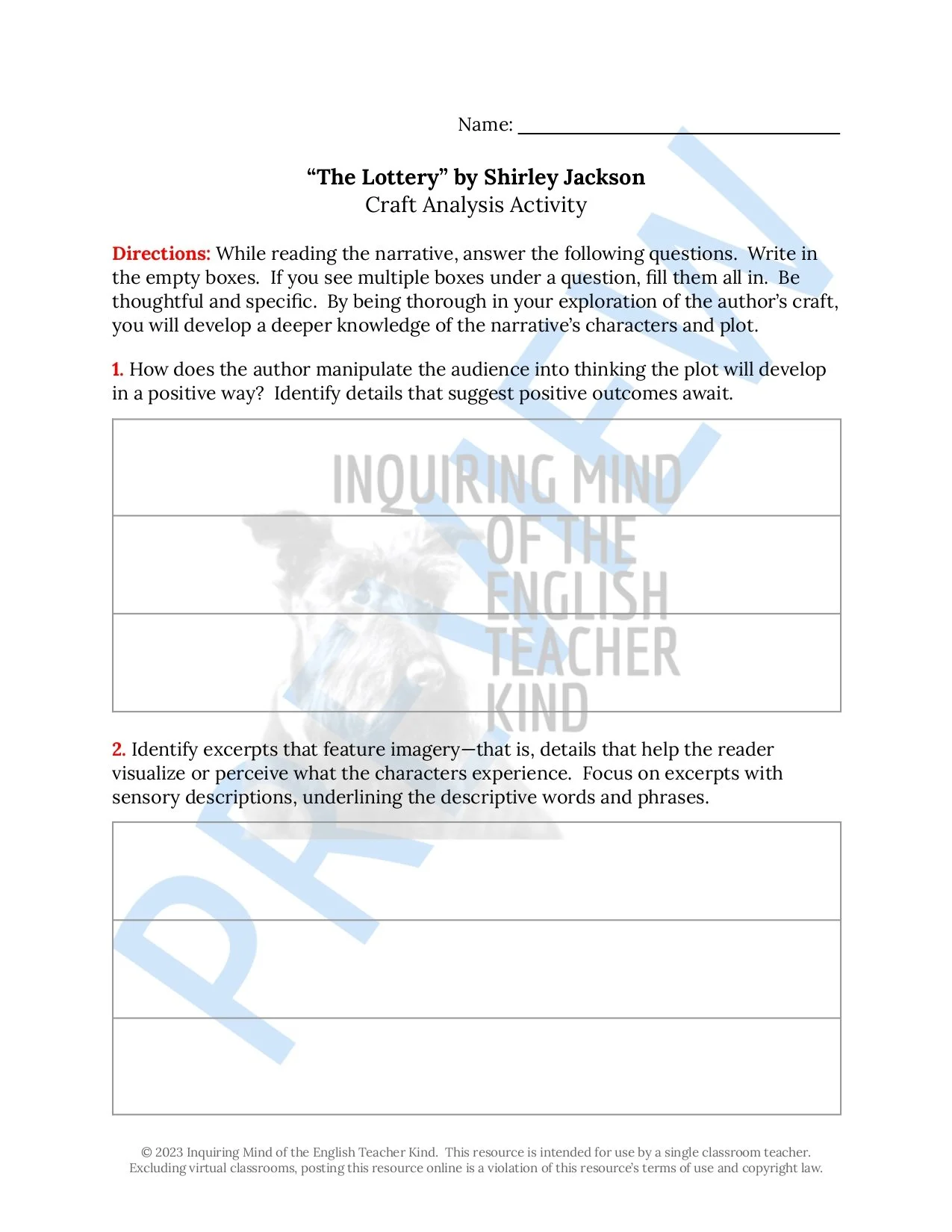 "The Lottery" by Shirley Jackson Quiz, Close Reading, and Vocabulary ...