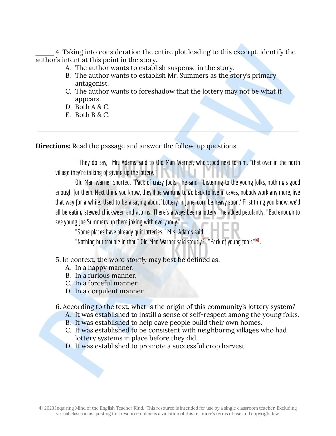 "The Lottery" by Shirley Jackson Quiz, Close Reading, and Vocabulary ...