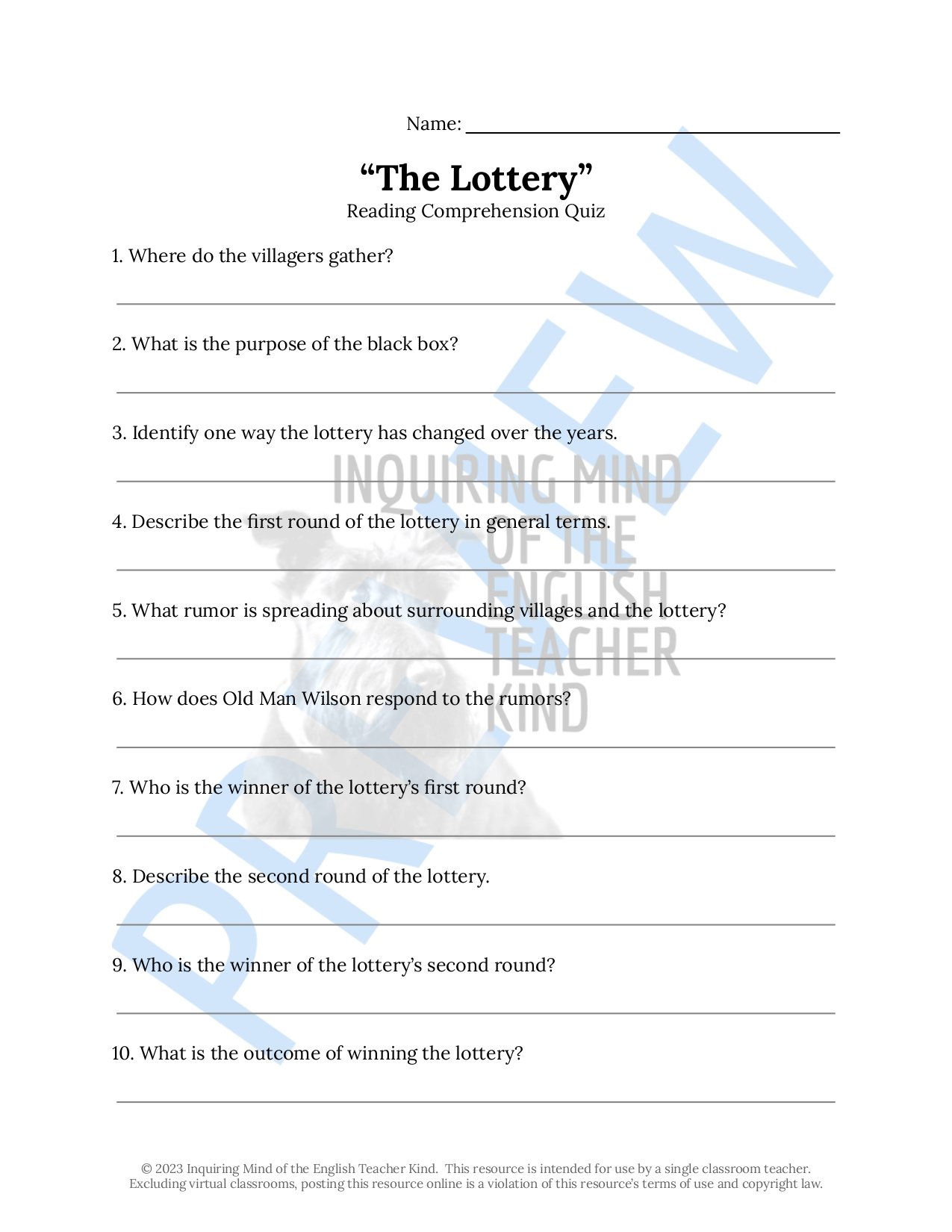 "The Lottery" by Shirley Jackson Quiz, Close Reading, and Vocabulary ...