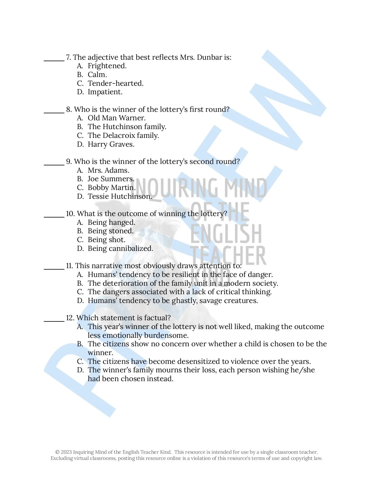 "The Lottery" by Shirley Jackson Quiz, Close Reading, and Vocabulary ...