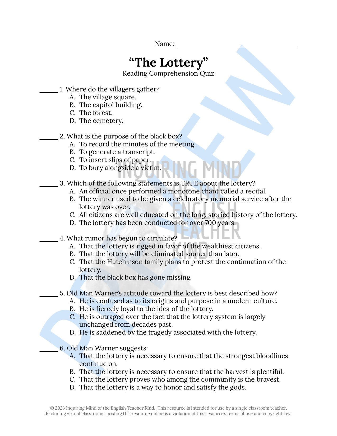 "The Lottery" by Shirley Jackson Quiz, Close Reading, and Vocabulary ...