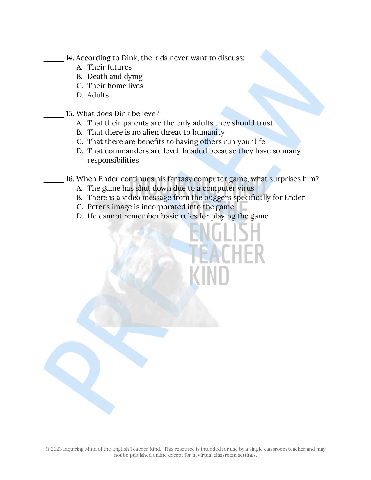 Ender's Game Quiz and Answer Key Bundle — Inquiring Mind of the English ...