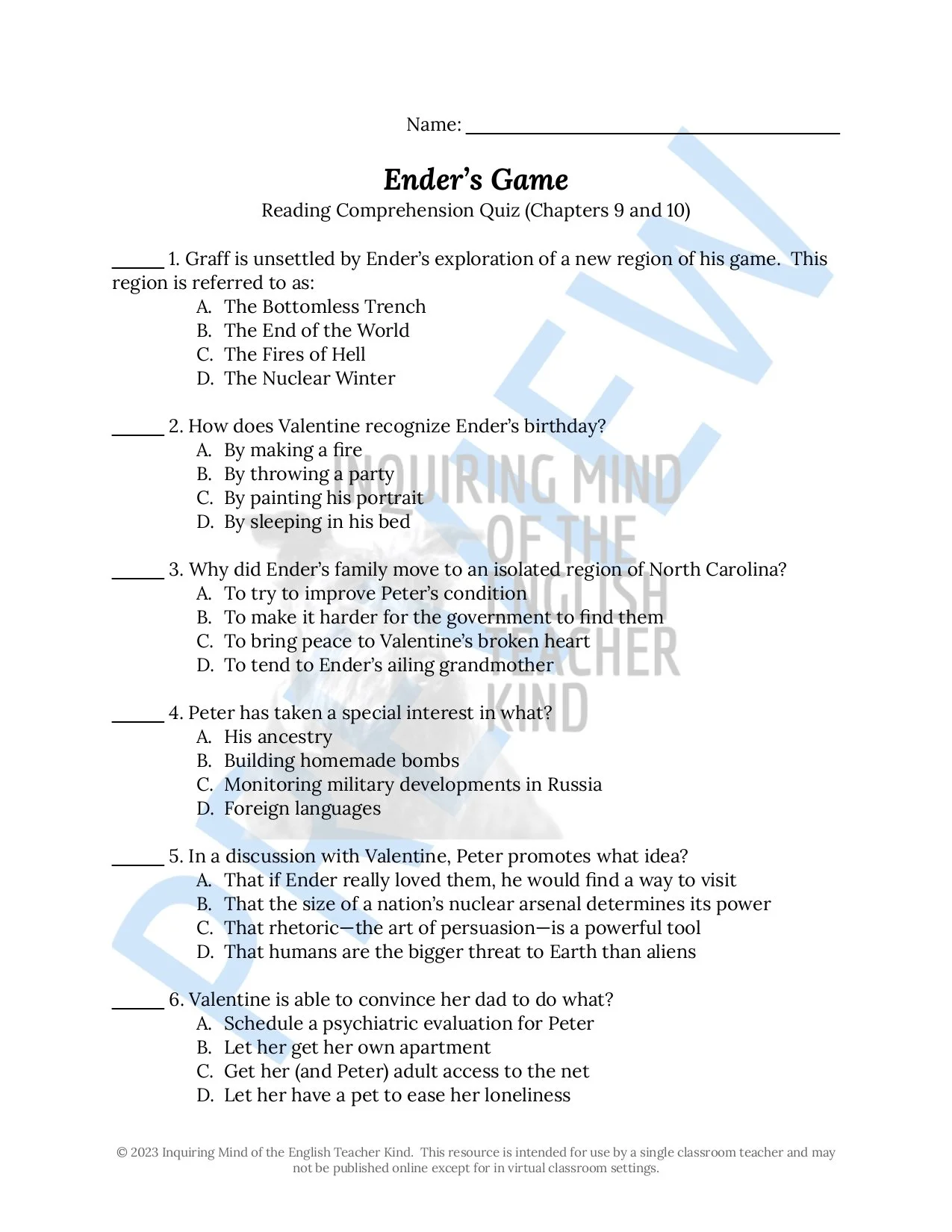 Ender's Game Quiz and Answer Key Bundle — Inquiring Mind of the English ...