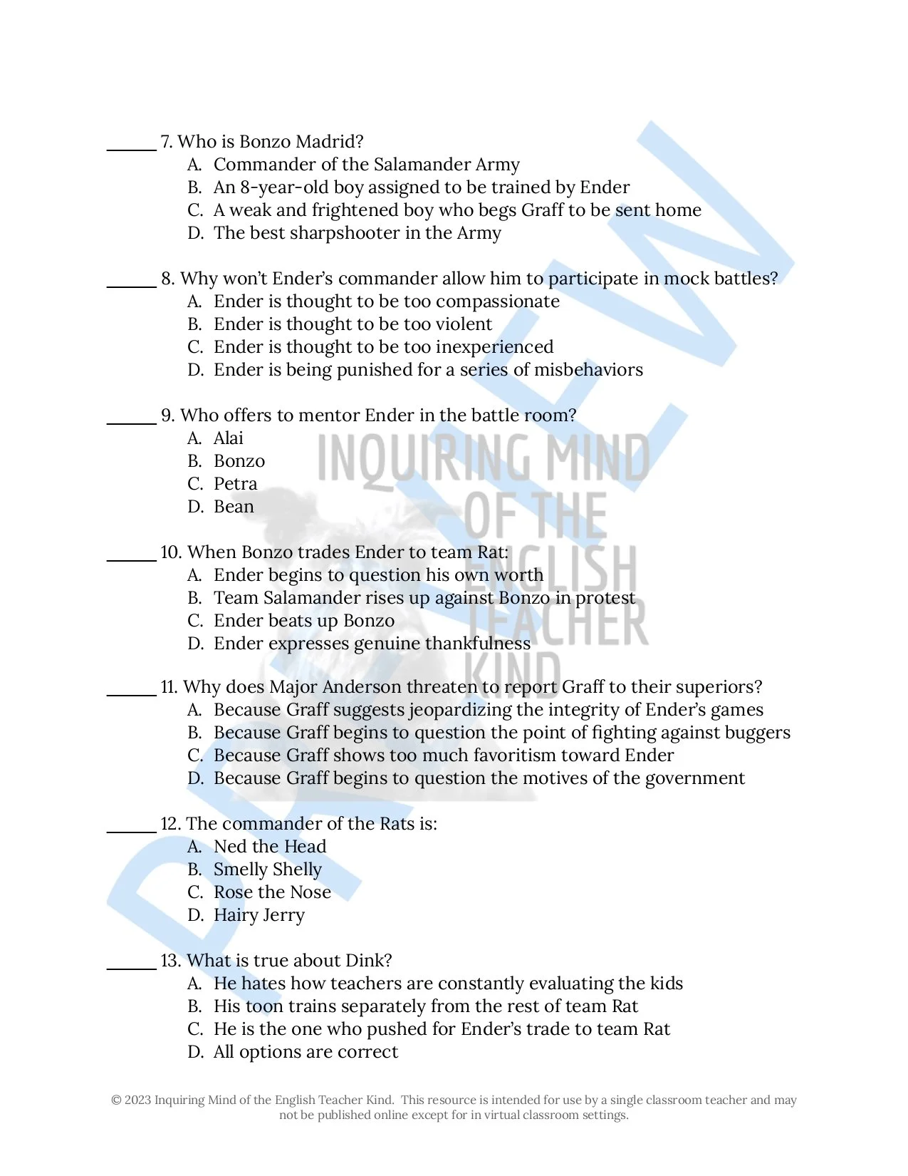 Ender's Game Quiz and Answer Key Bundle — Inquiring Mind of the English ...