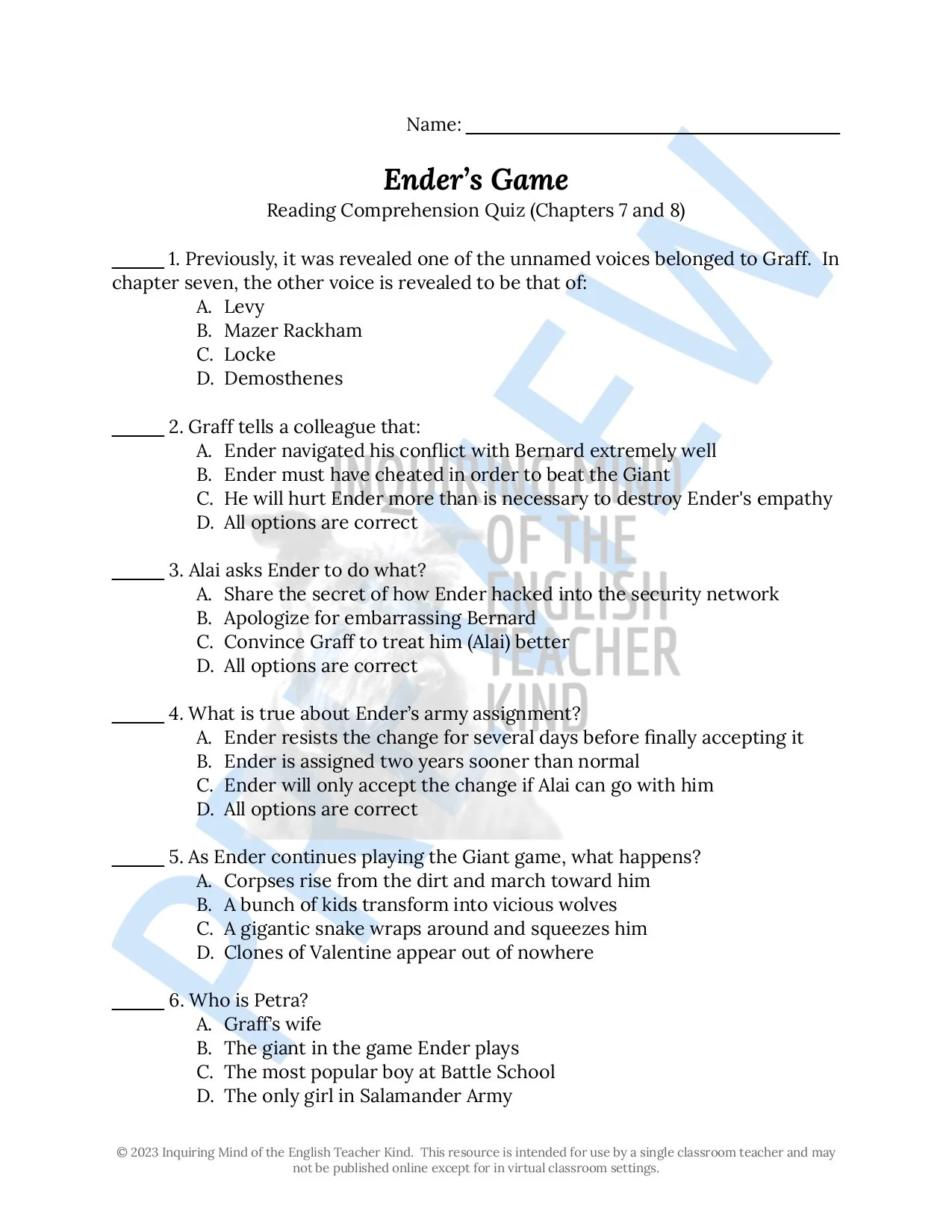 Ender's Game Quiz and Answer Key Bundle — Inquiring Mind of the English ...