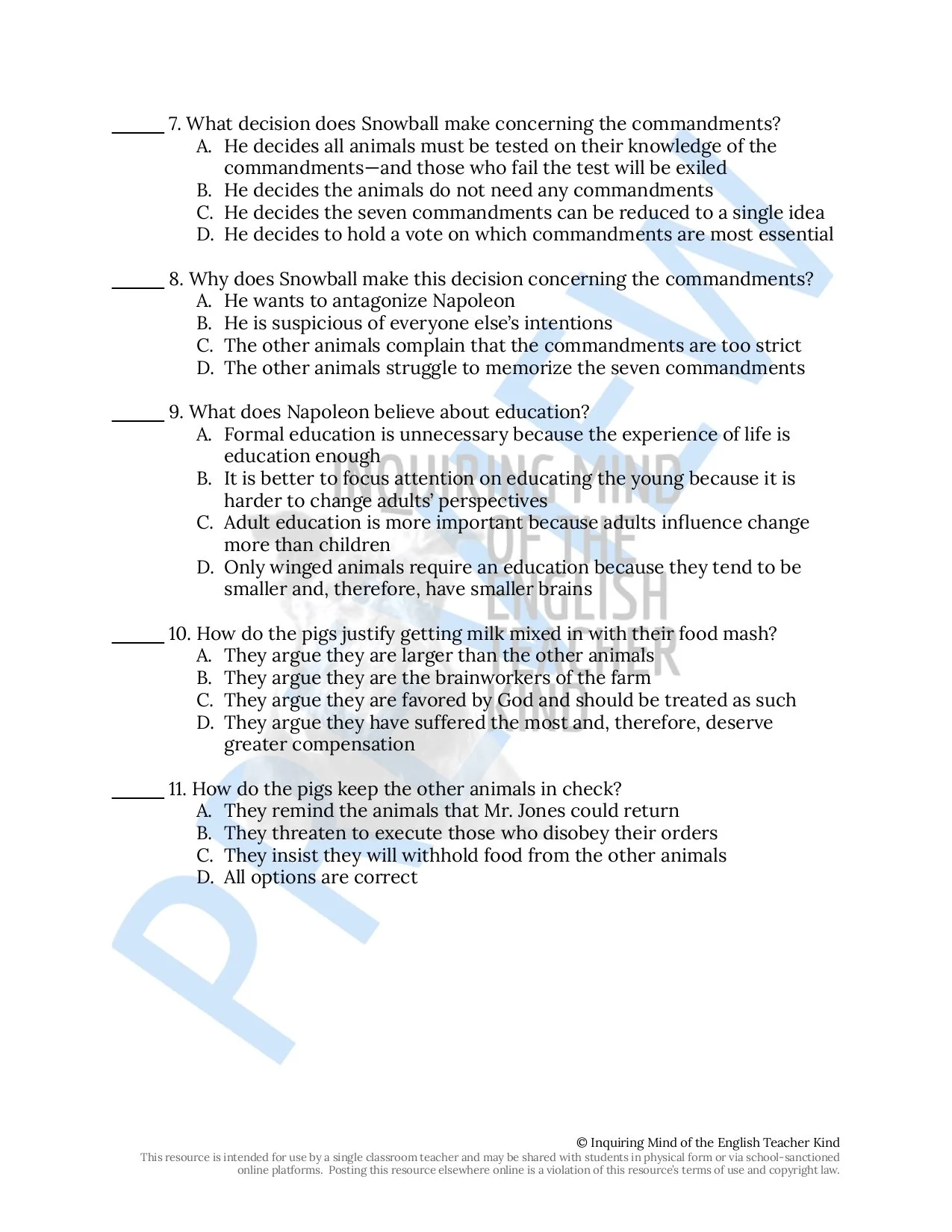 Animal Farm Quiz and Answer Key Bundle — Inquiring Mind of the English ...