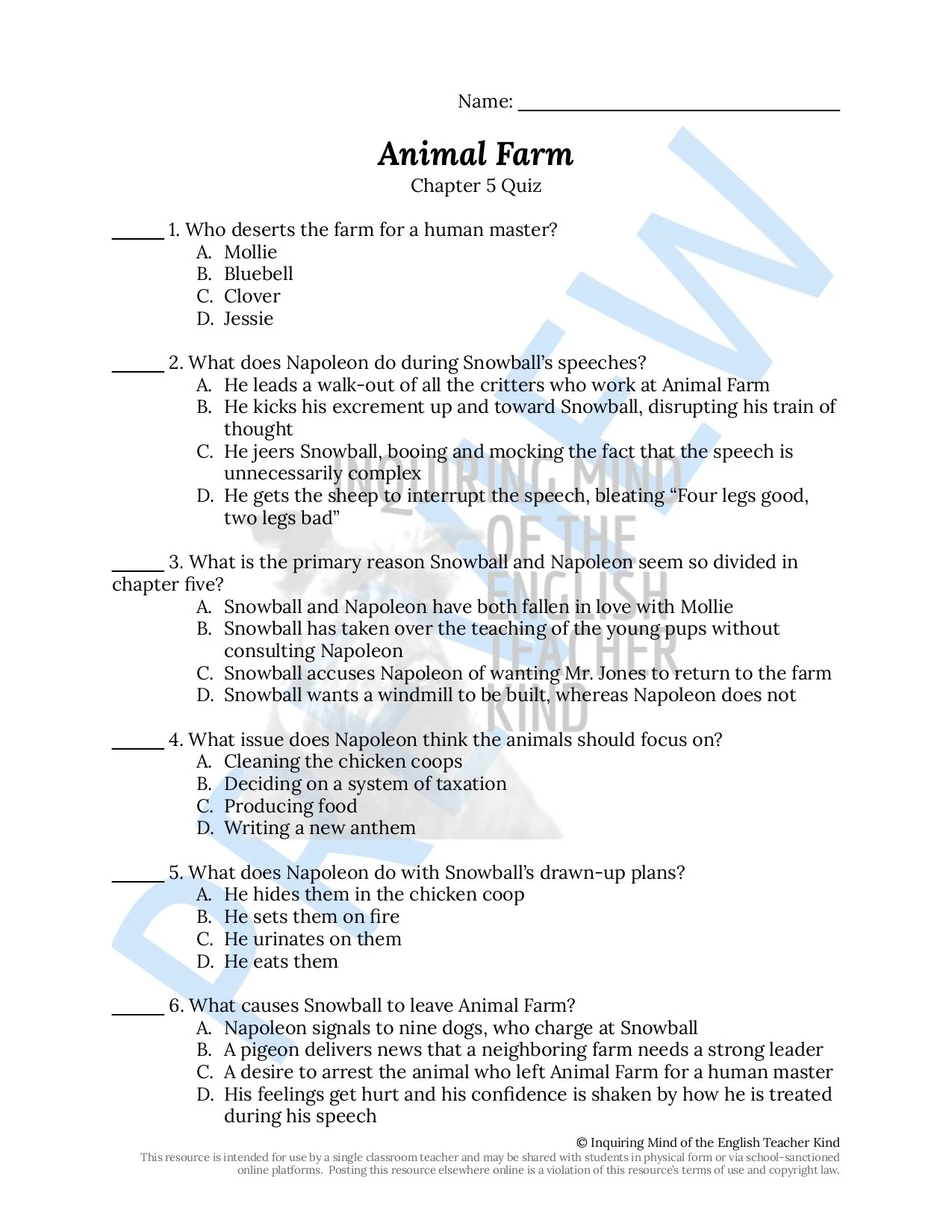 Animal Farm Quiz and Answer Key Bundle — Inquiring Mind of the English ...