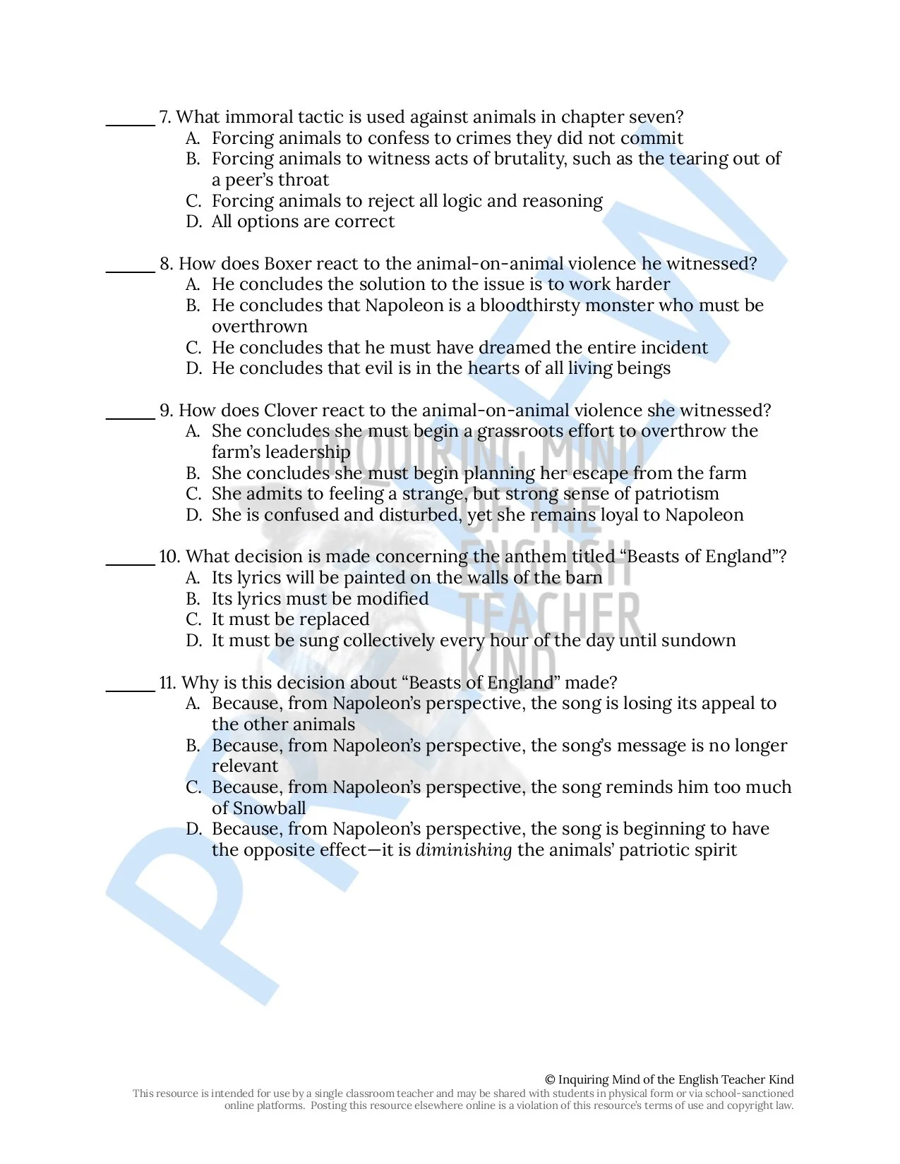 Animal Farm Quiz and Answer Key Bundle — Inquiring Mind of the English ...