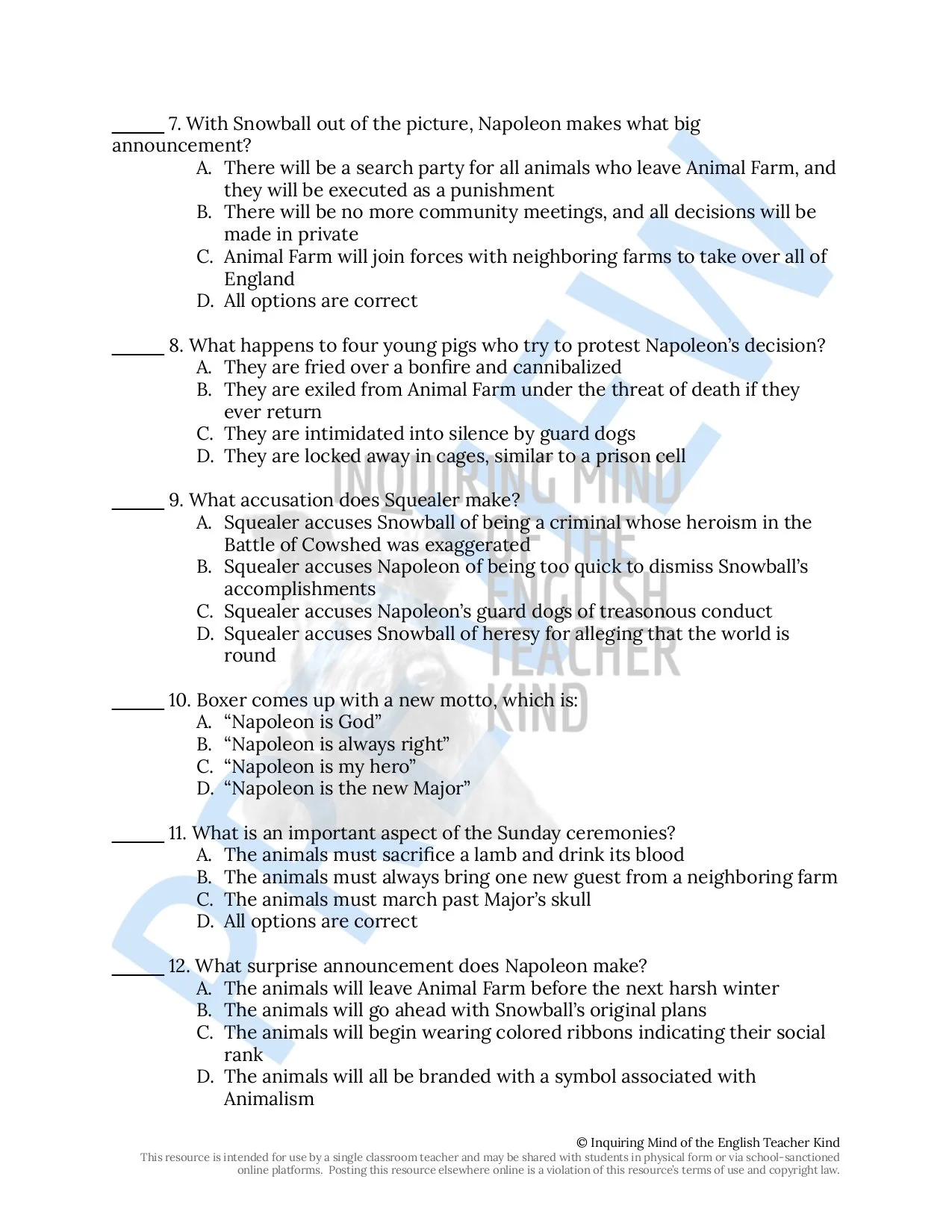 Animal Farm Quiz and Answer Key Bundle — Inquiring Mind of the English ...