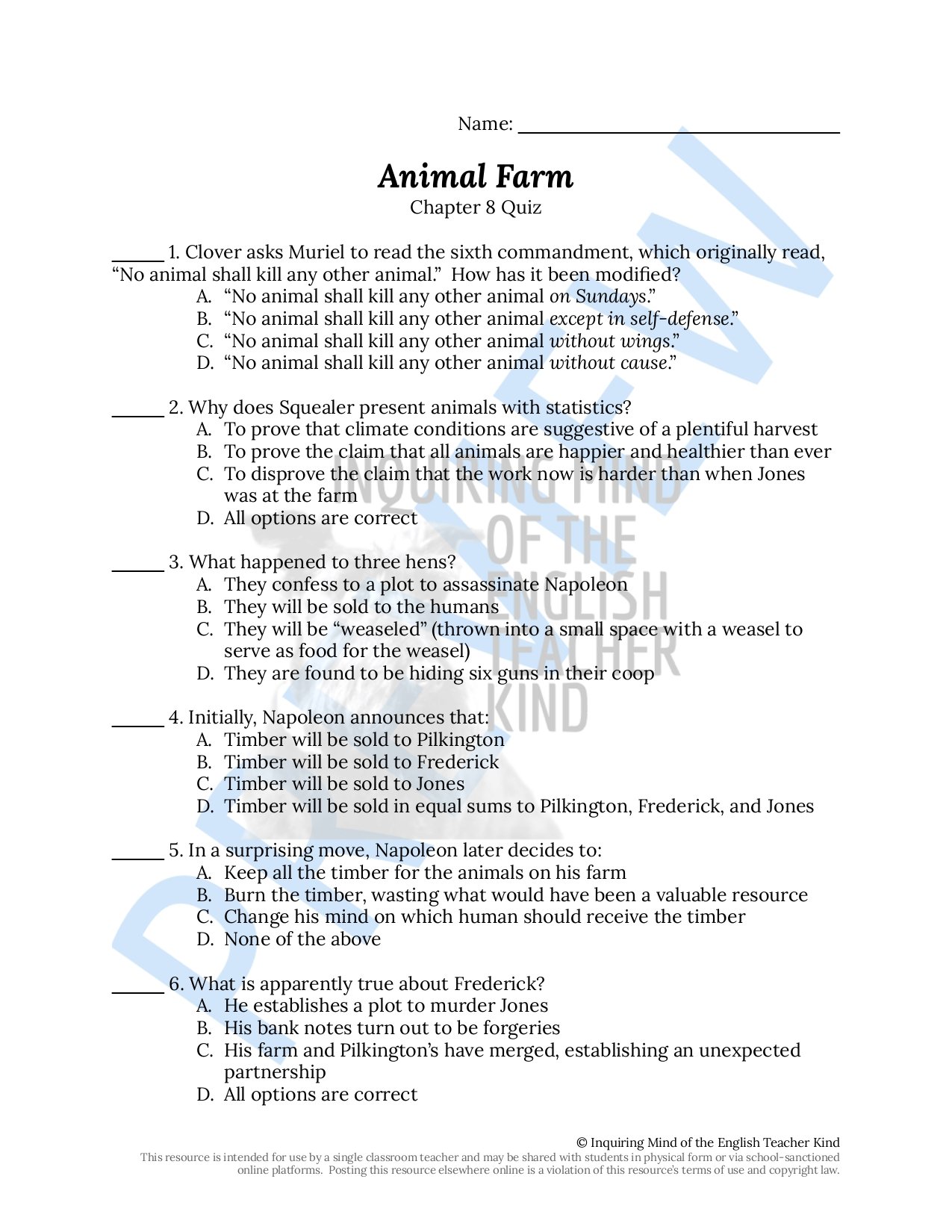 Animal Farm Quiz and Answer Key Bundle — Inquiring Mind of the English ...